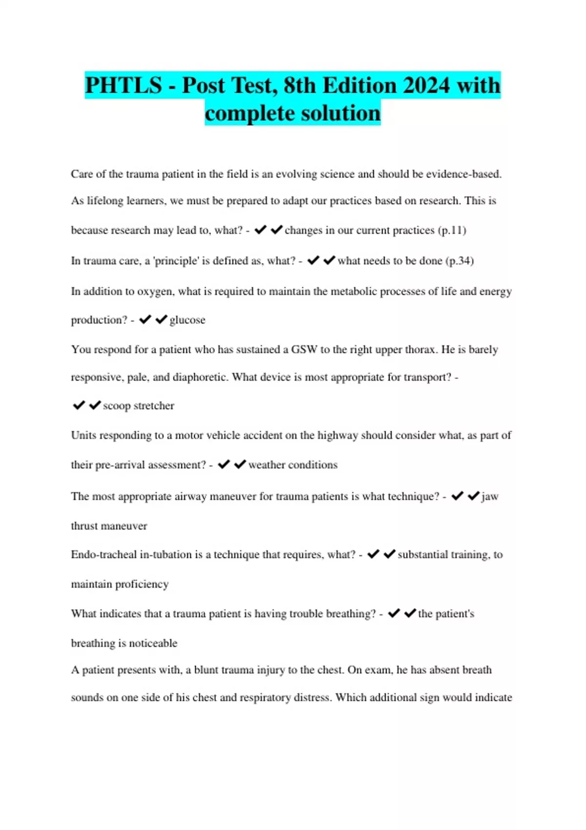 PHTLS - Post Test, 8th Edition 2024 with complete solution - PHTLS ...
