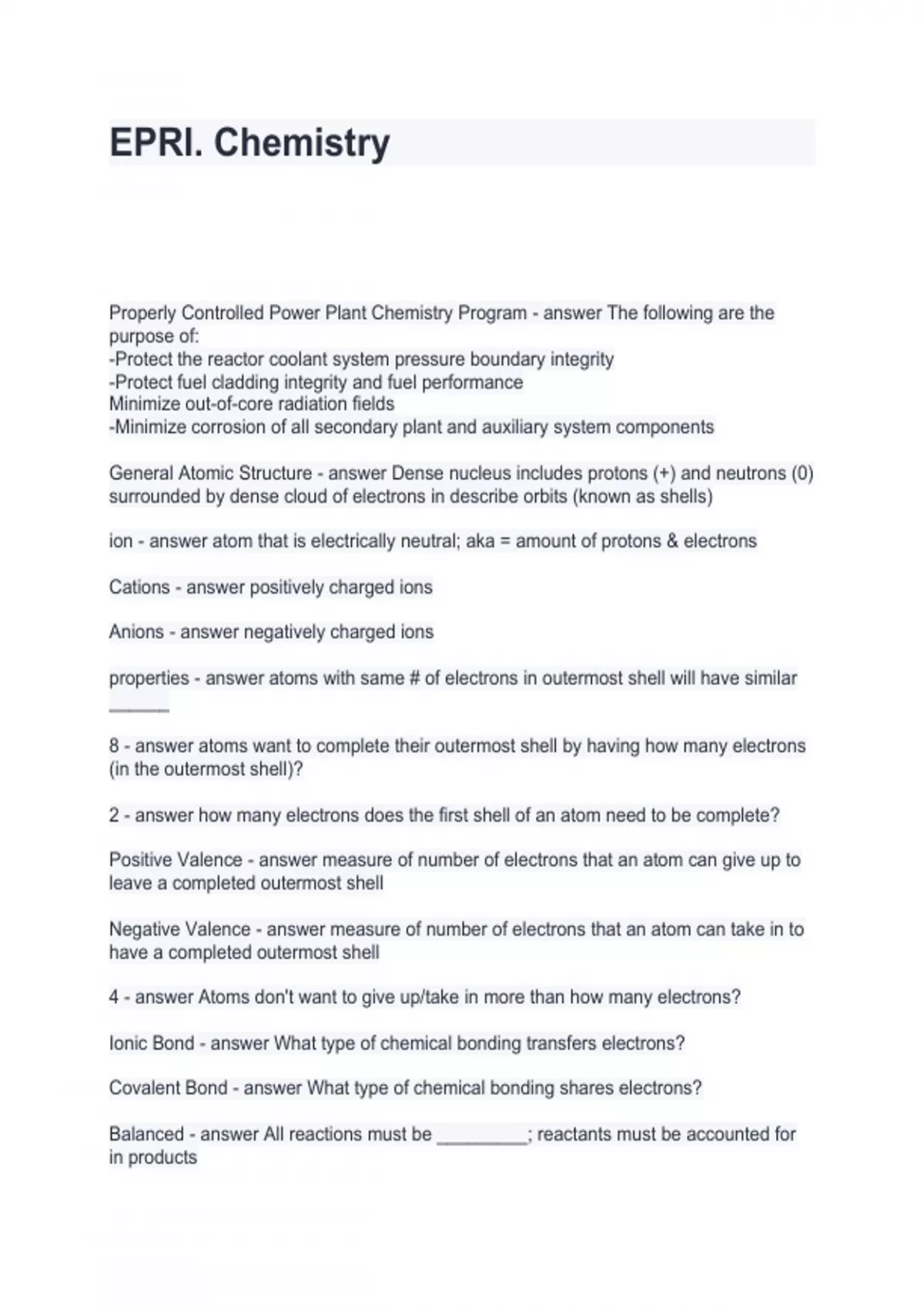 EPRI. Chemistry Questions and Answers 100% Solved 2024 - EPRI - Stuvia US