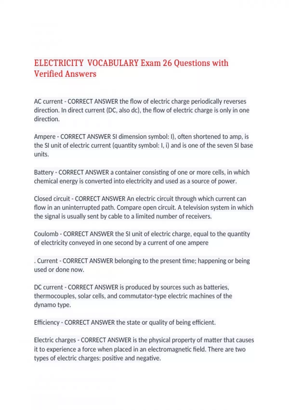 ELECTRICITY VOCABULARY Exam 26 Questions with Verified Answers,100% ...