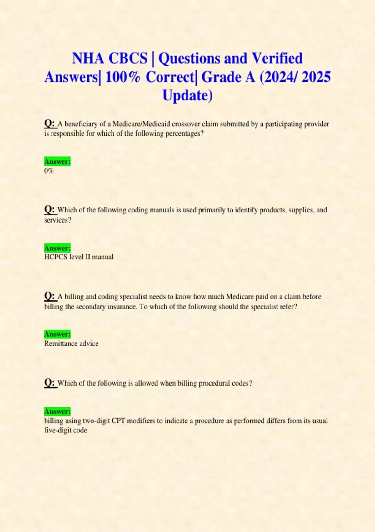 NHA,CBCS | Questions and Verified Answers| 100% Correct| Grade A (2024/ ...