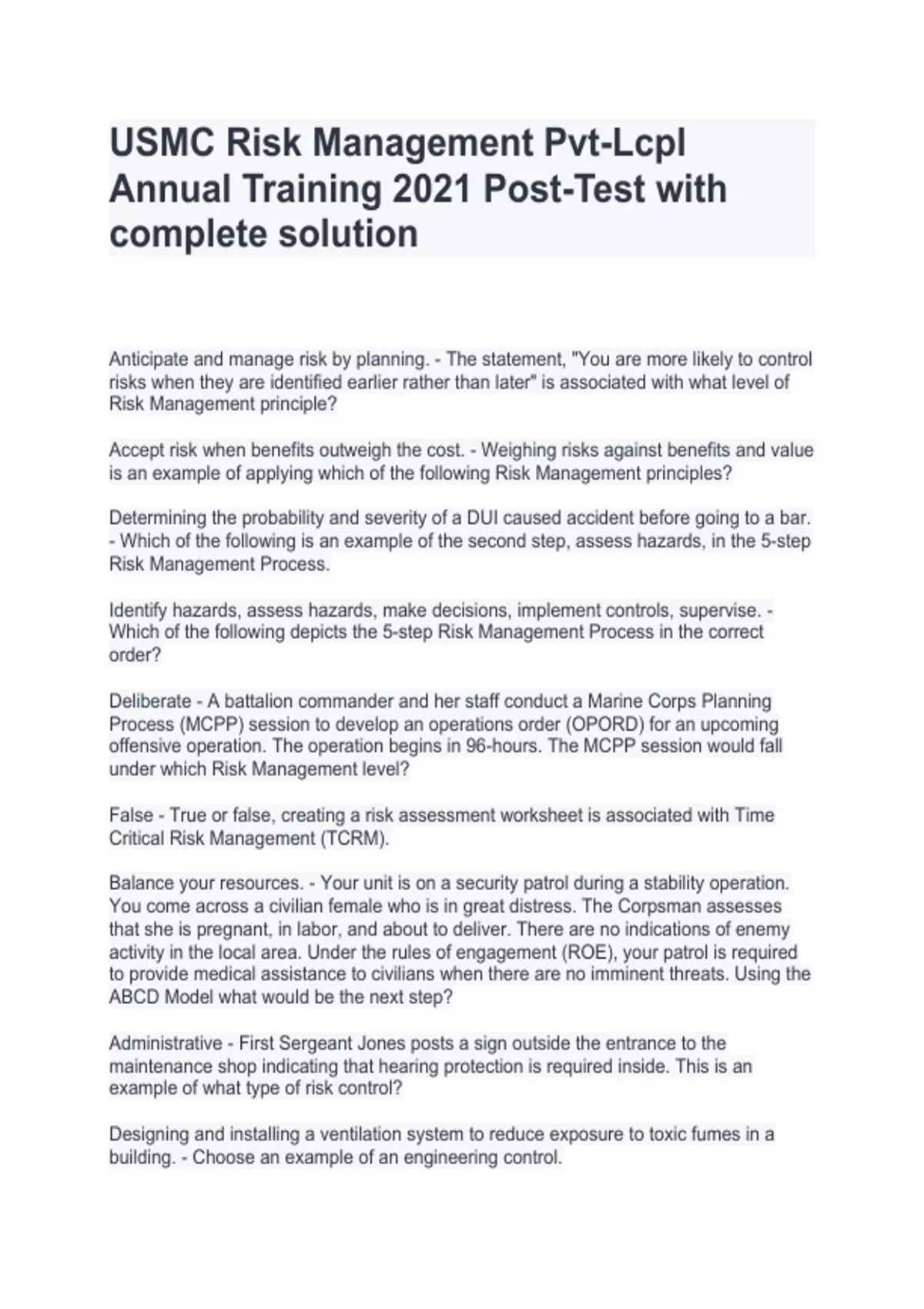 USMC RISK MANAGEMENT PVT-LCPL ANNUAL TRAINING 2024 POST-TEST WITH ...