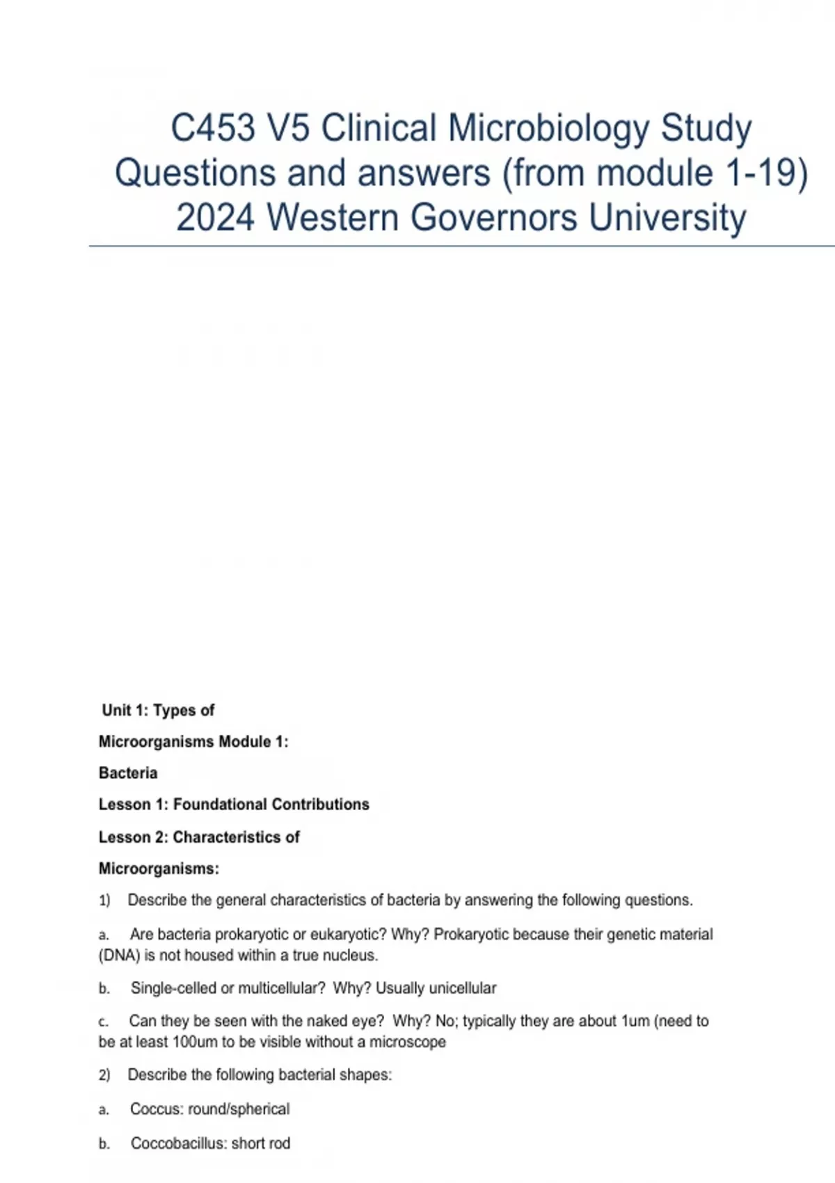 2024 BUNDLE FOR Clinical Microbiology WGU C453 (Task 1 Bacterial Morphology and Gram Staining ...