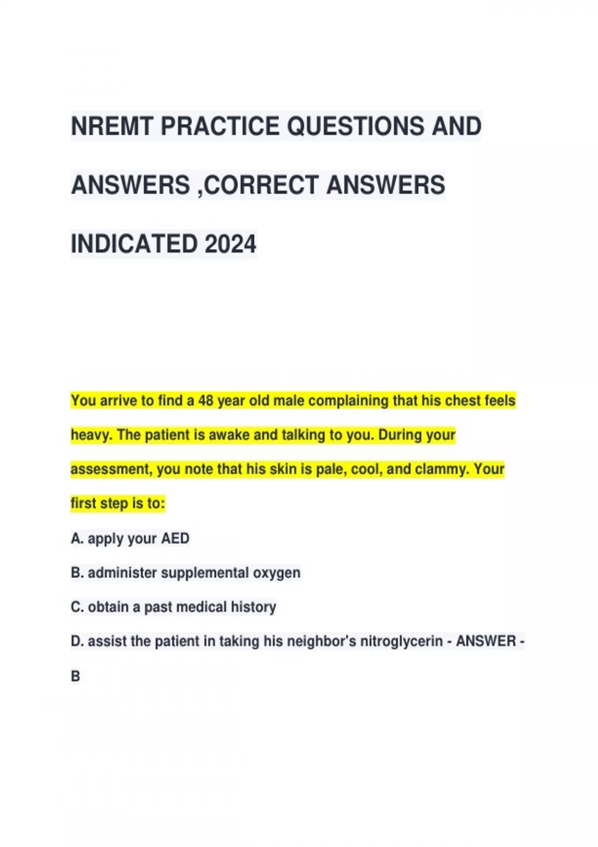Nremt Practice Questions And Answers Correct Answers Indicated 2024 Nremt Nationally