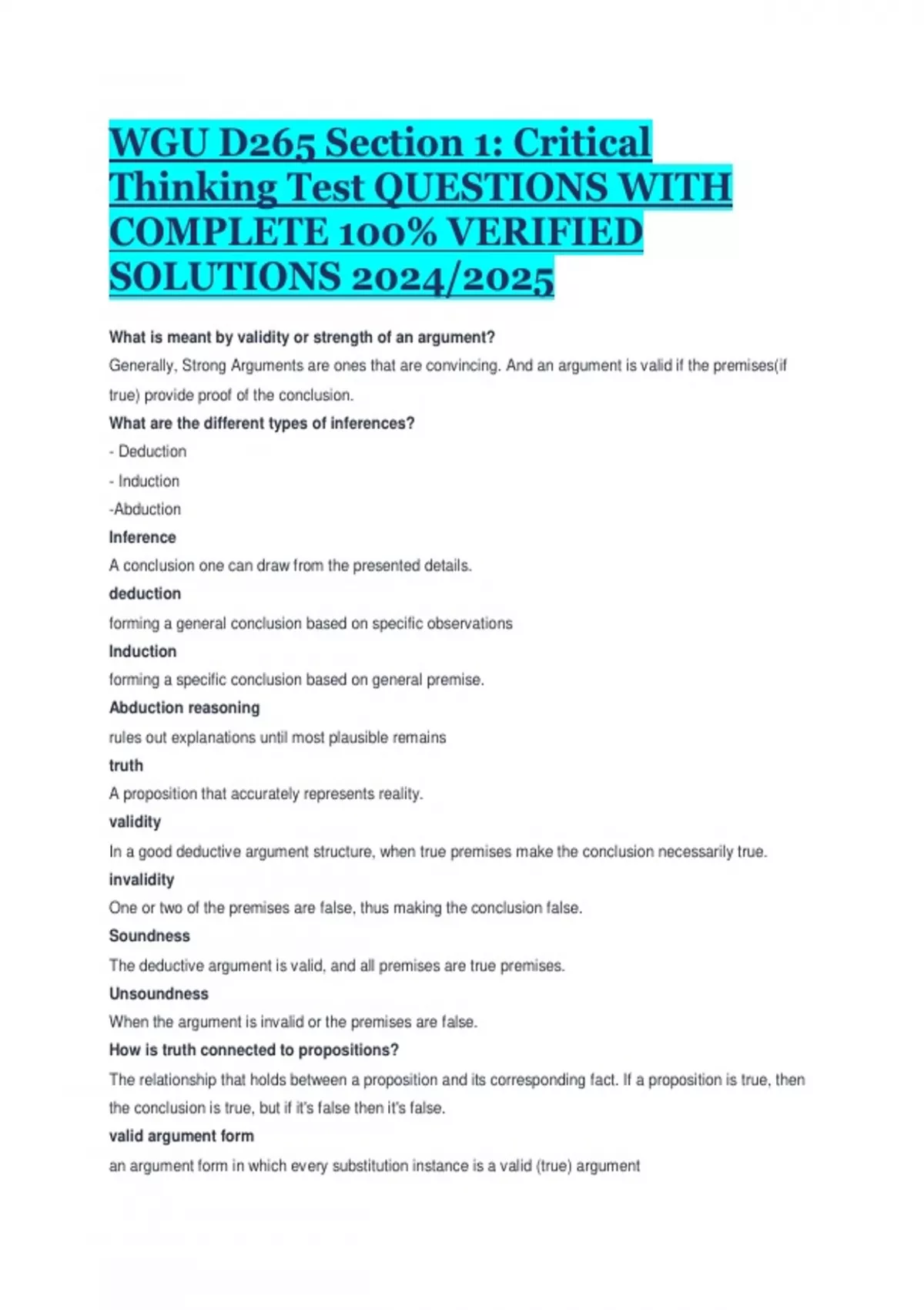 WGU D265 Section 1: Critical Thinking Test QUESTIONS WITH COMPLETE 100% ...