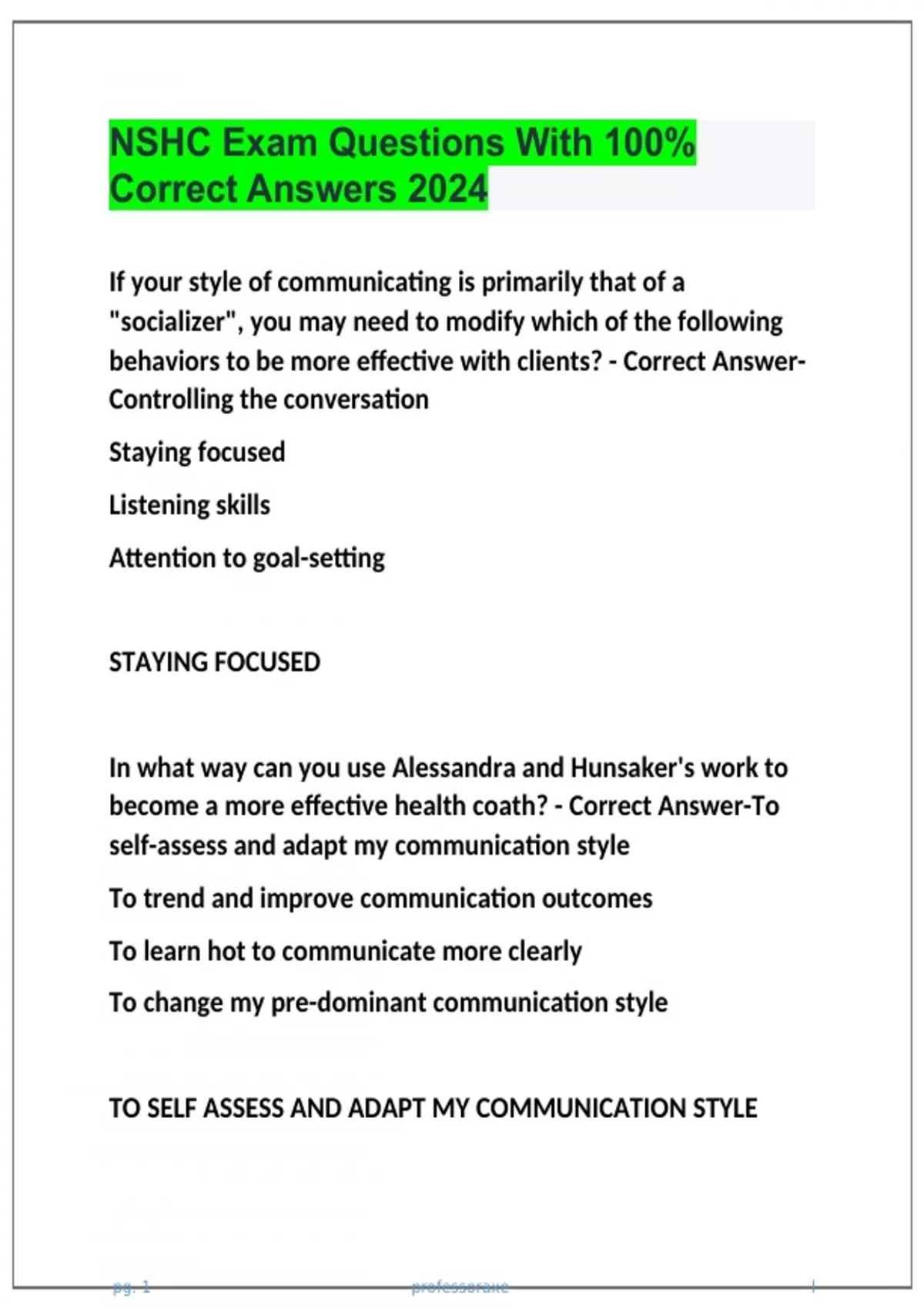 NSHC Exam Questions With 100% Correct Answers 2024 - NSHC - Stuvia US