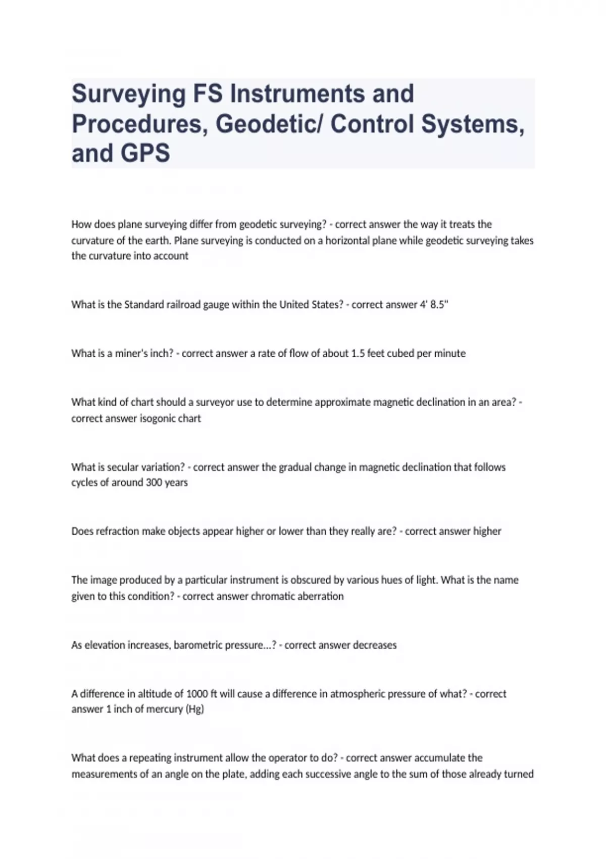 Surveying FS Instruments and Procedures, Geodetic/ Control Systems, and ...