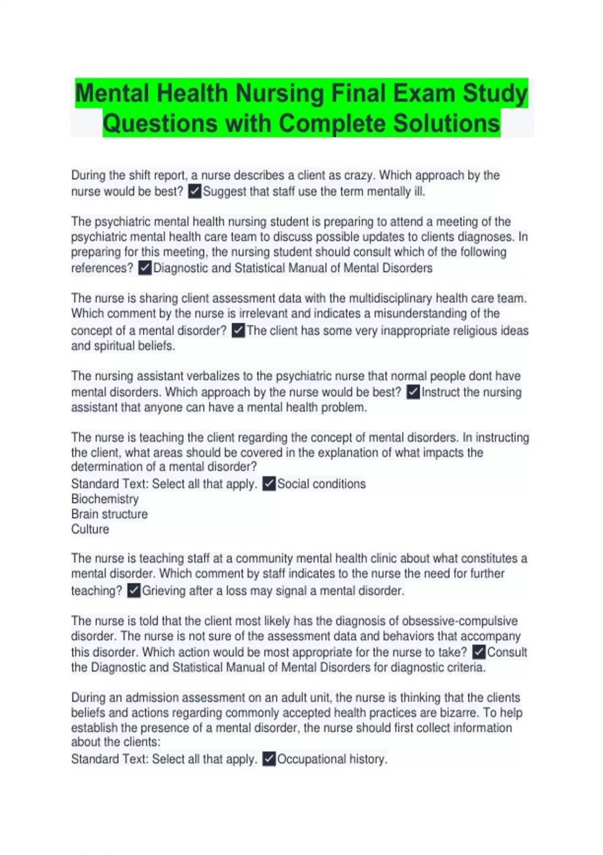 Mental Health Nursing Final Exam Study Questions with Complete ...