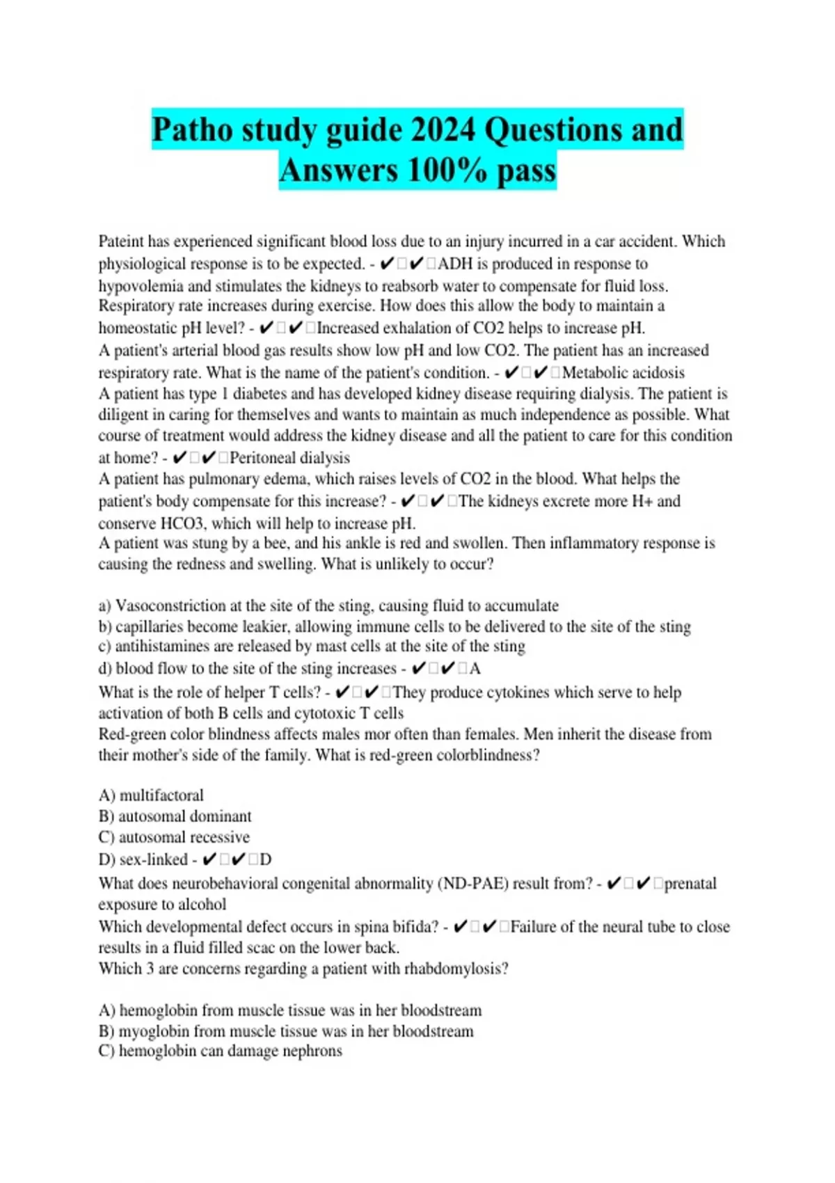 Patho study guide 2024 Questions and Answers 100% pass ...