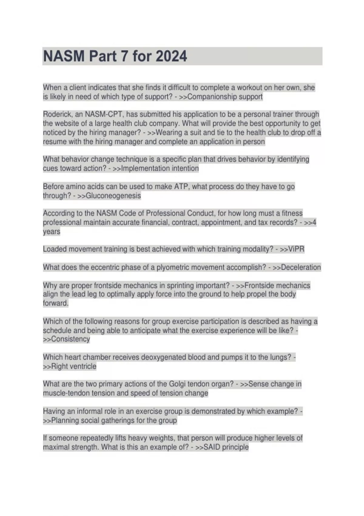 NASM Part 7 Questions and Answers for 2024 revised edition - Nasm group fitness - Stuvia US