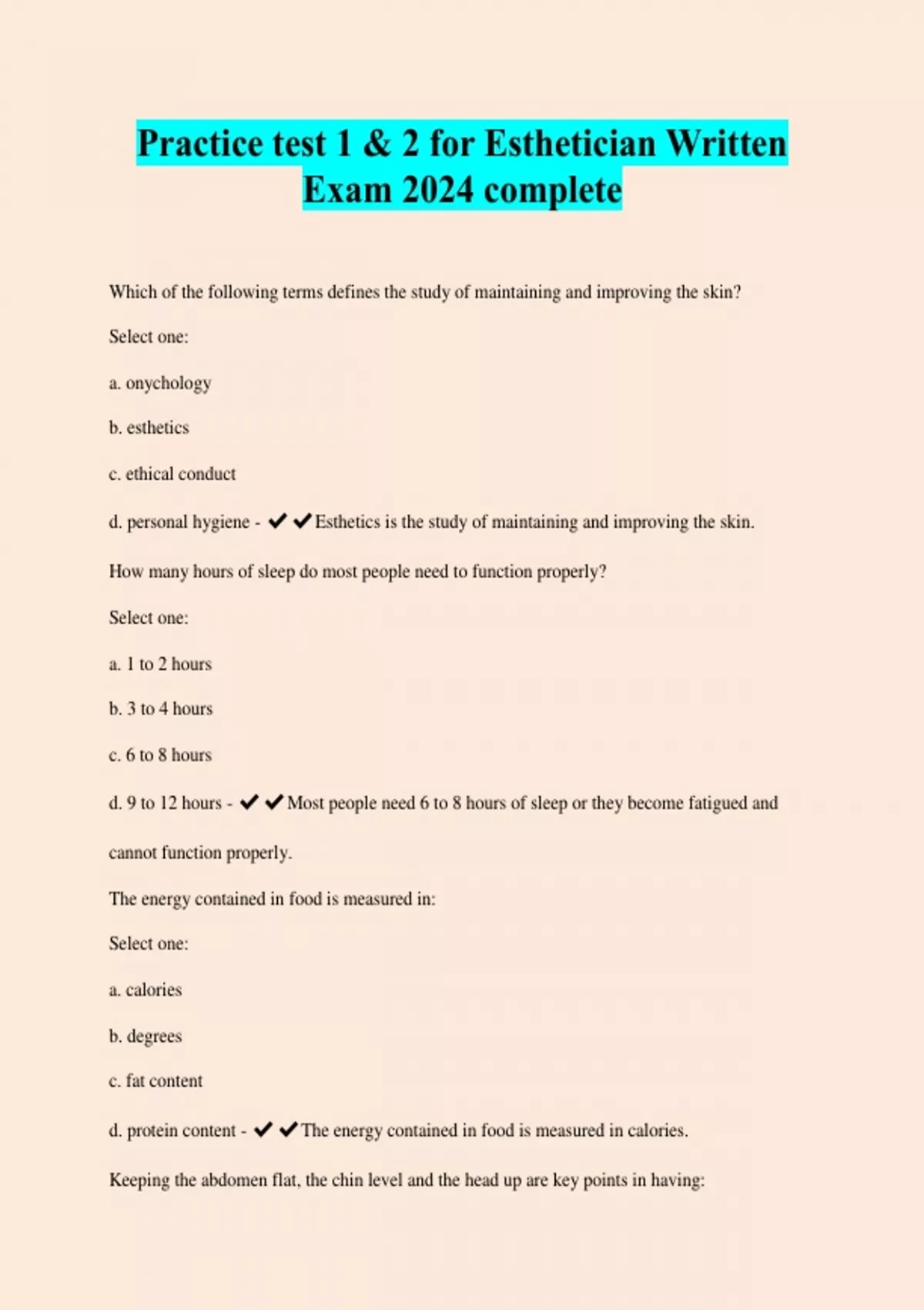 Practice test 1 & 2 for Esthetician Written Exam 2024 complete ...