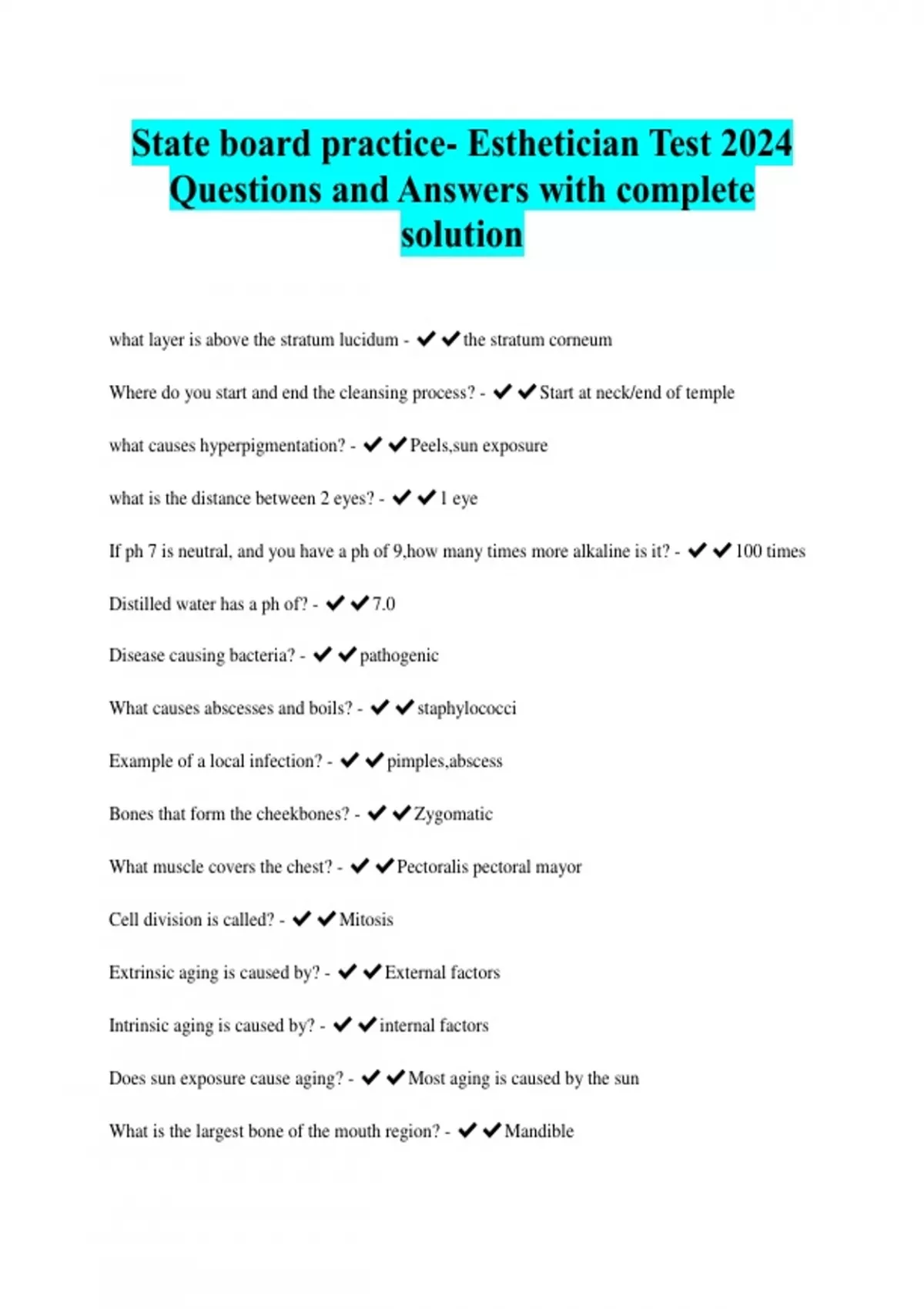 State board practice- Esthetician Test 2024 Questions and Answers with ...