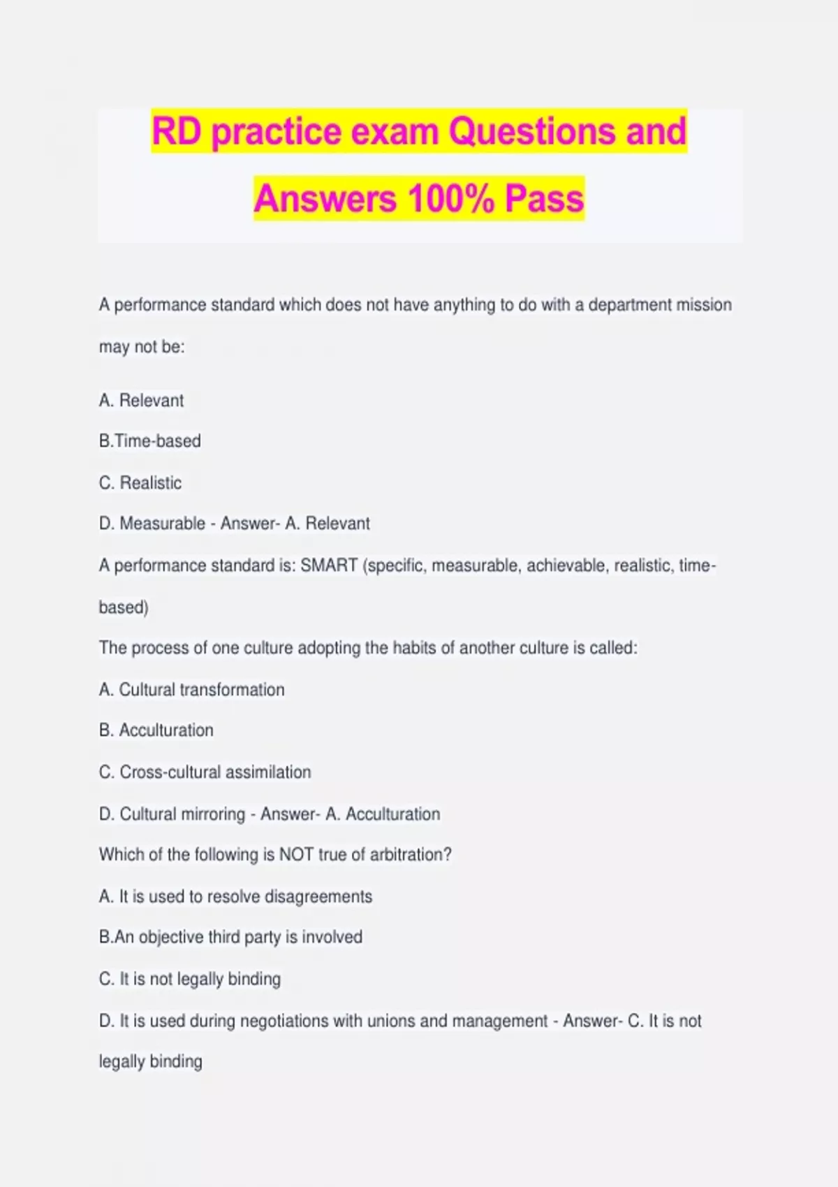RD practice exam Questions and Answers 100% Pass - CDR RD - Stuvia US