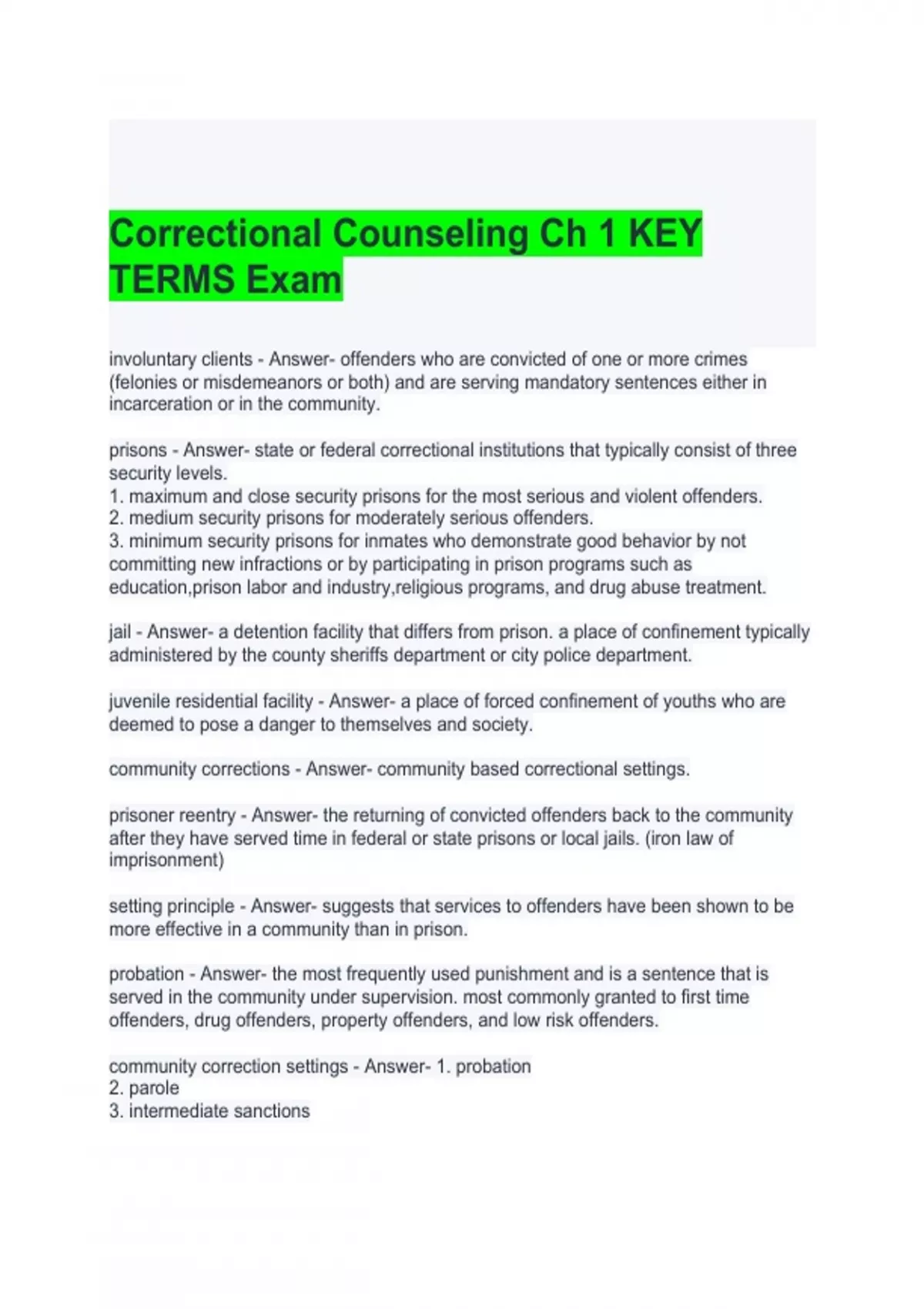 Correctional Counseling Ch 1 KEY TERMS Exam 2024 - Counseling - Stuvia US