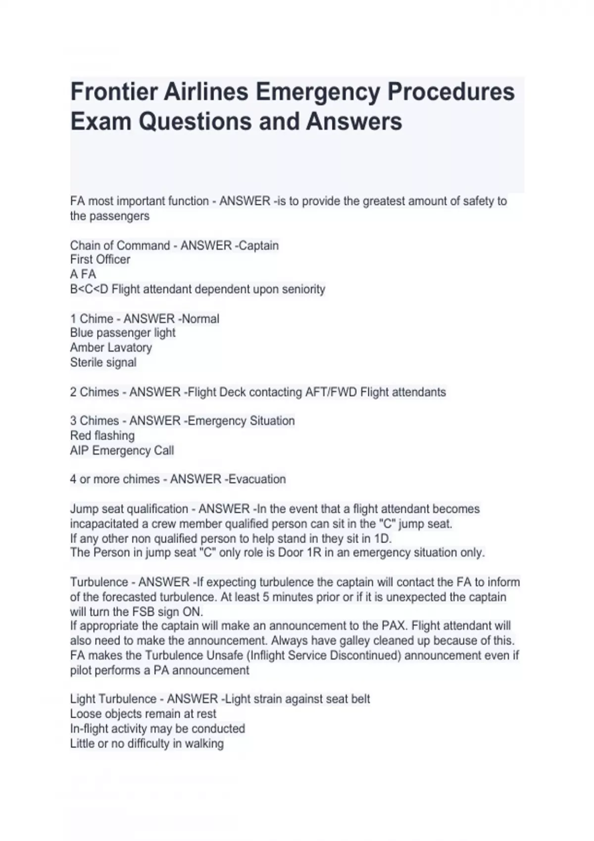 Frontier Airlines Emergency Procedures Exam Questions and Answers ...