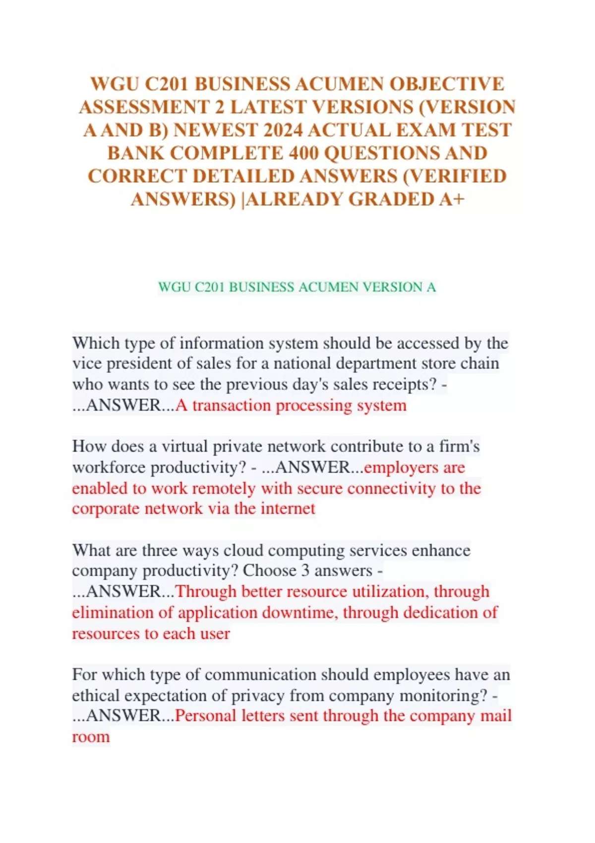 WGU C201 BUSINESS ACUMEN OBJECTIVE ASSESSMENT 2 LATEST VERSIONS ...