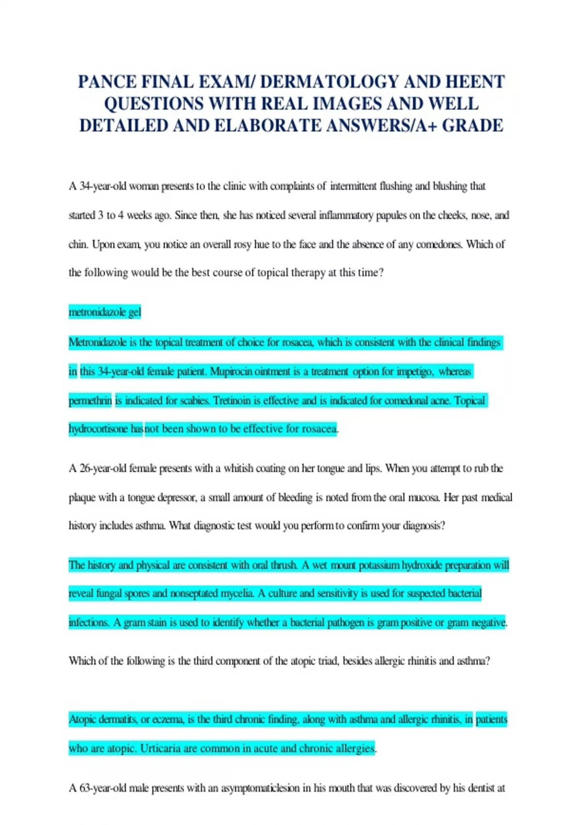 PANCE FINAL EXAM/ DERMATOLOGY AND HEENT QUESTIONS WITH REAL IMAGES AND ...