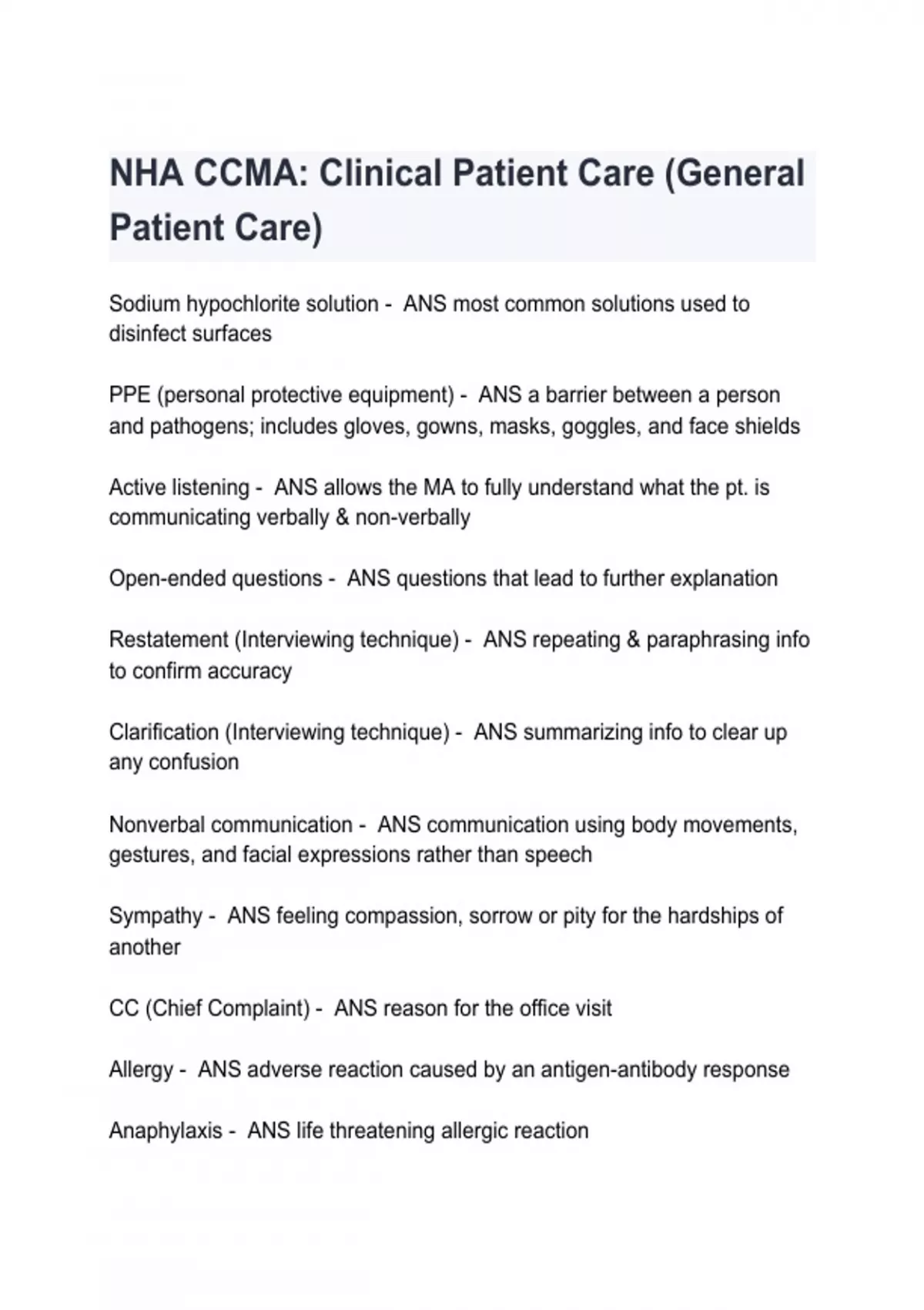 NHA CCMA: Clinical Patient Care (General Patient Care) Exam Questions ...