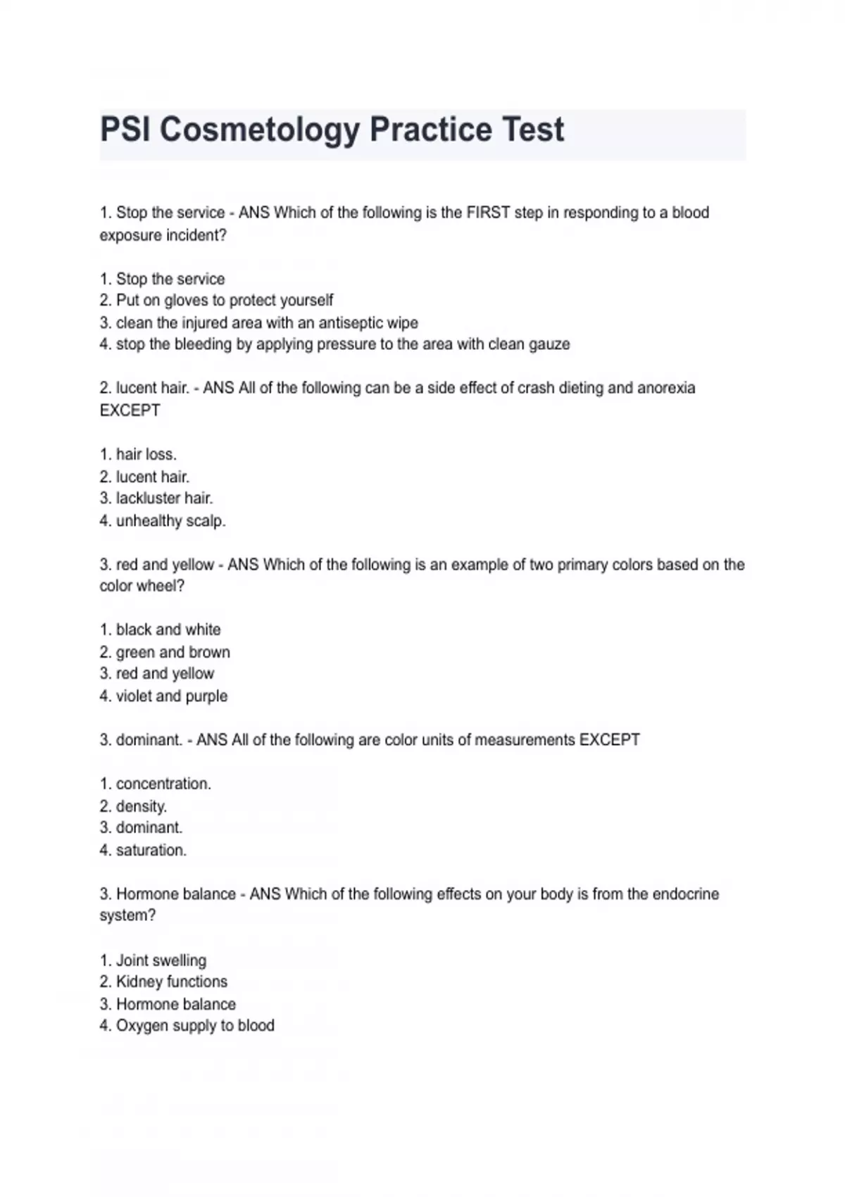 PSI Cosmetology Practice Test 2024 Questions With Verified Solutions ...