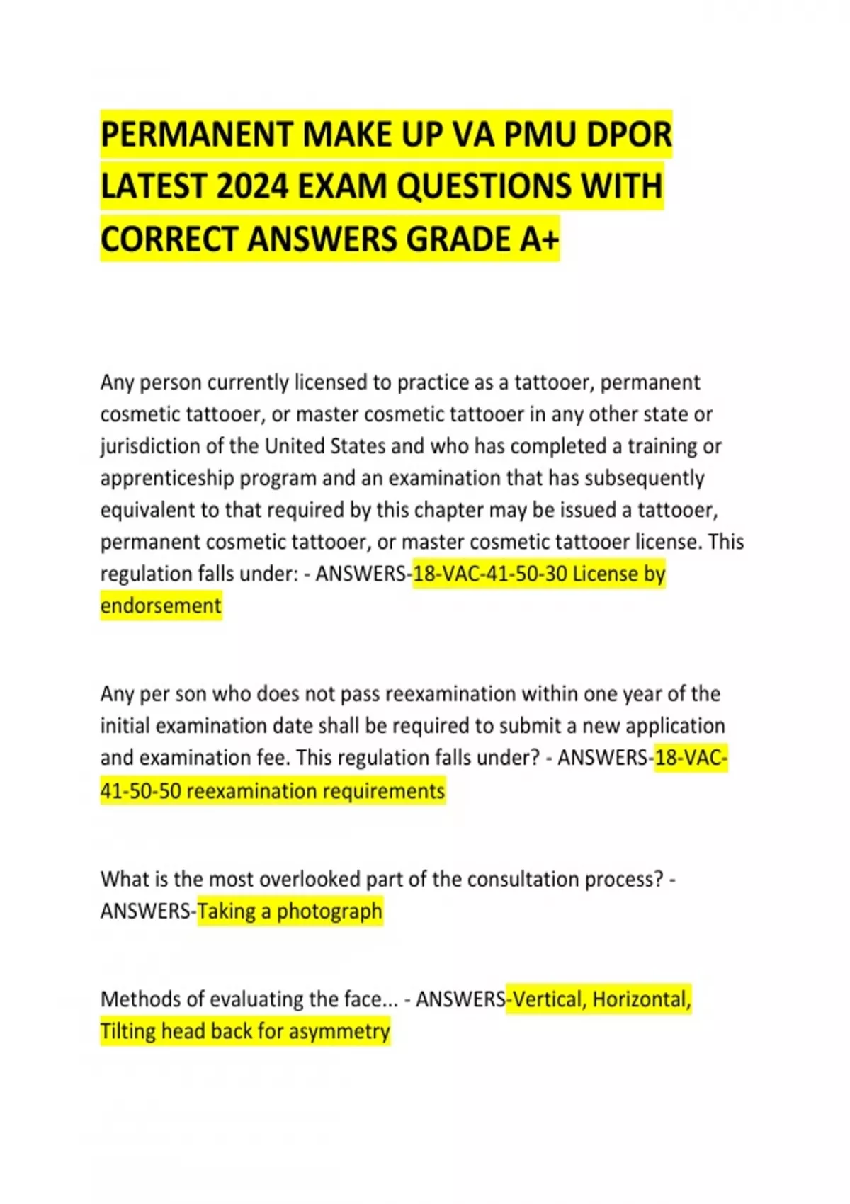 PERMANENT MAKE UP VA PMU DPOR LATEST 2024 EXAM QUESTIONS WITH CORRECT ...