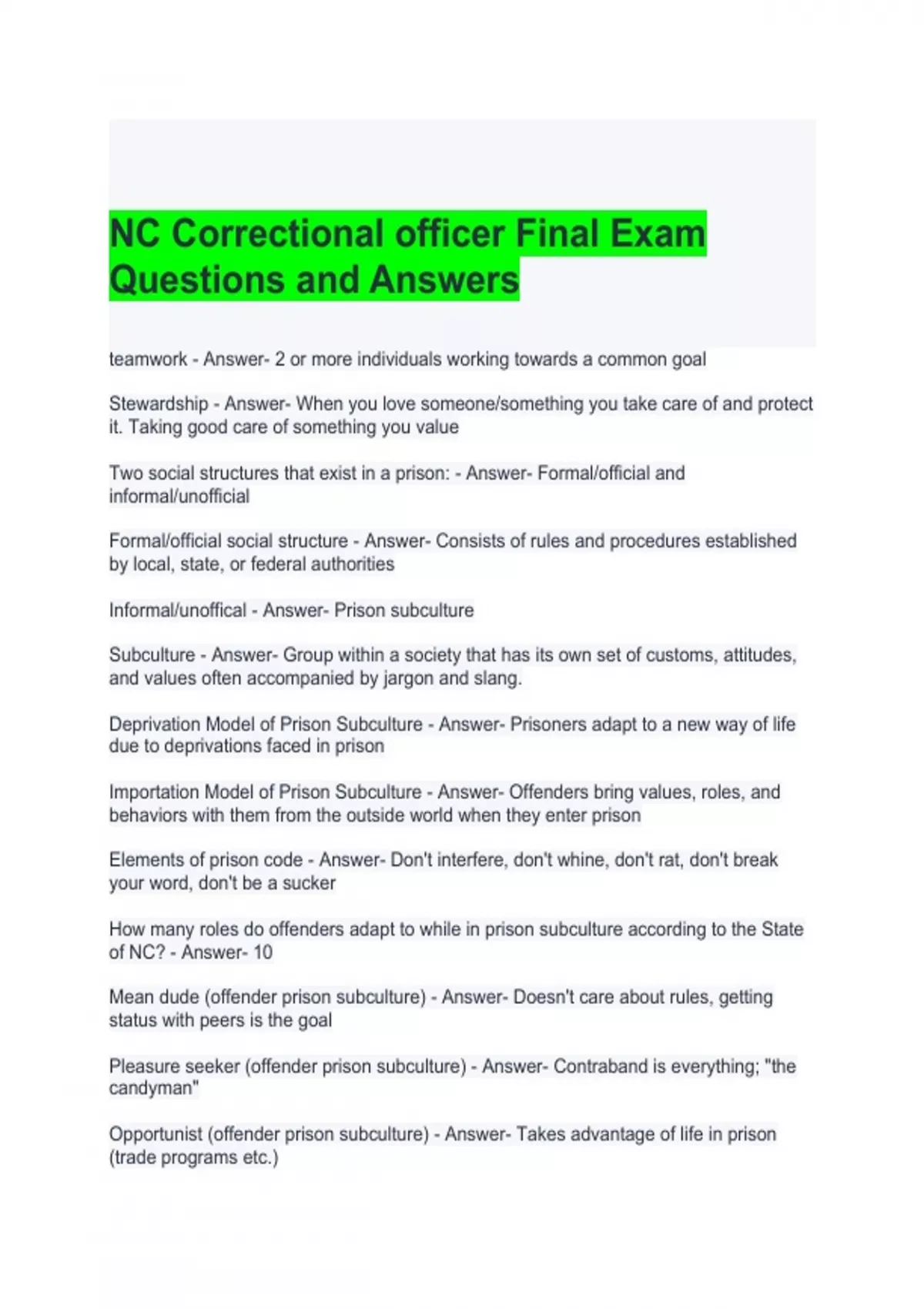 NC Correctional officer Final Exam Questions and Answers - Officer ...