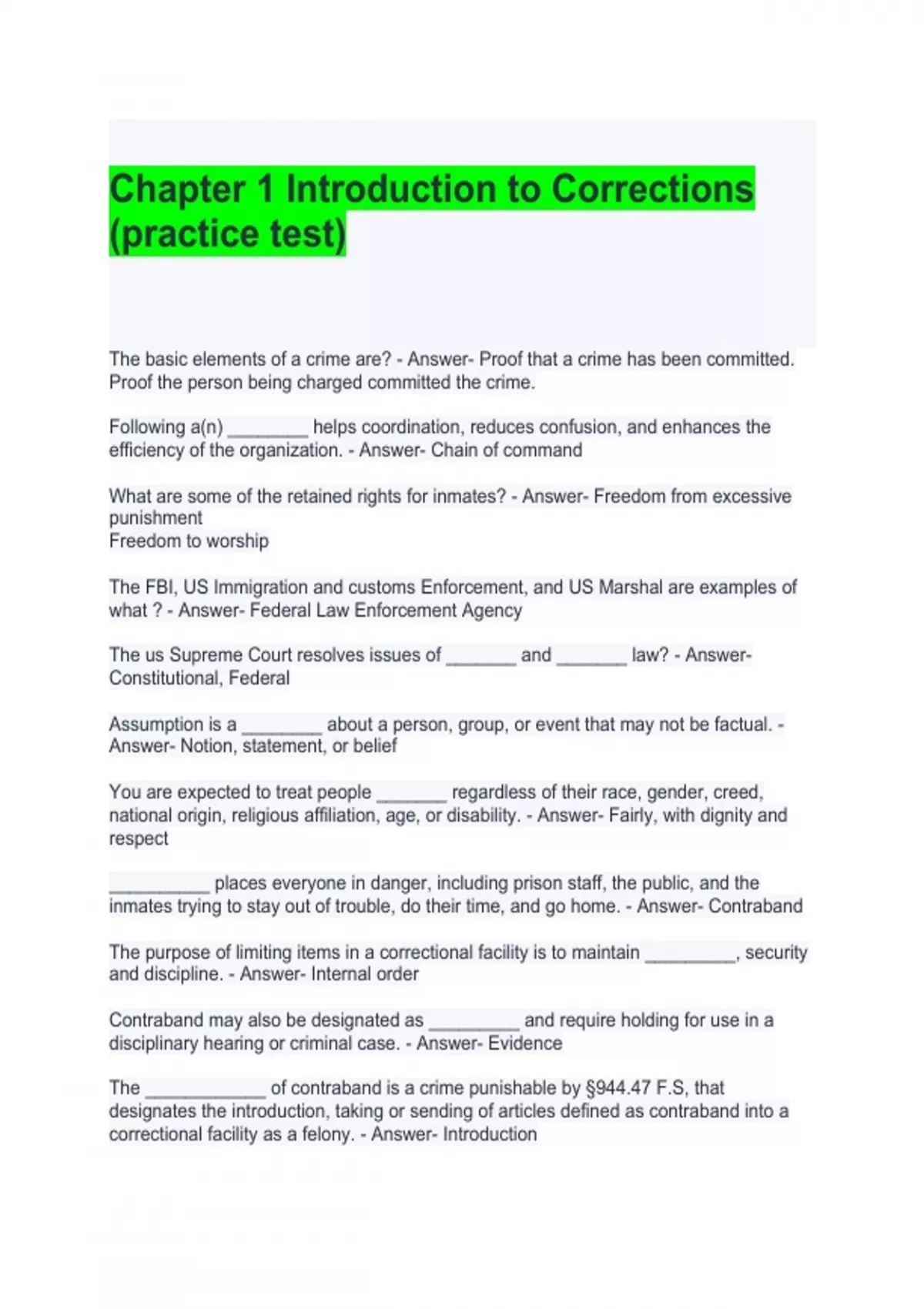 Chapter 1 Introduction to Corrections (practice test) questions and ...