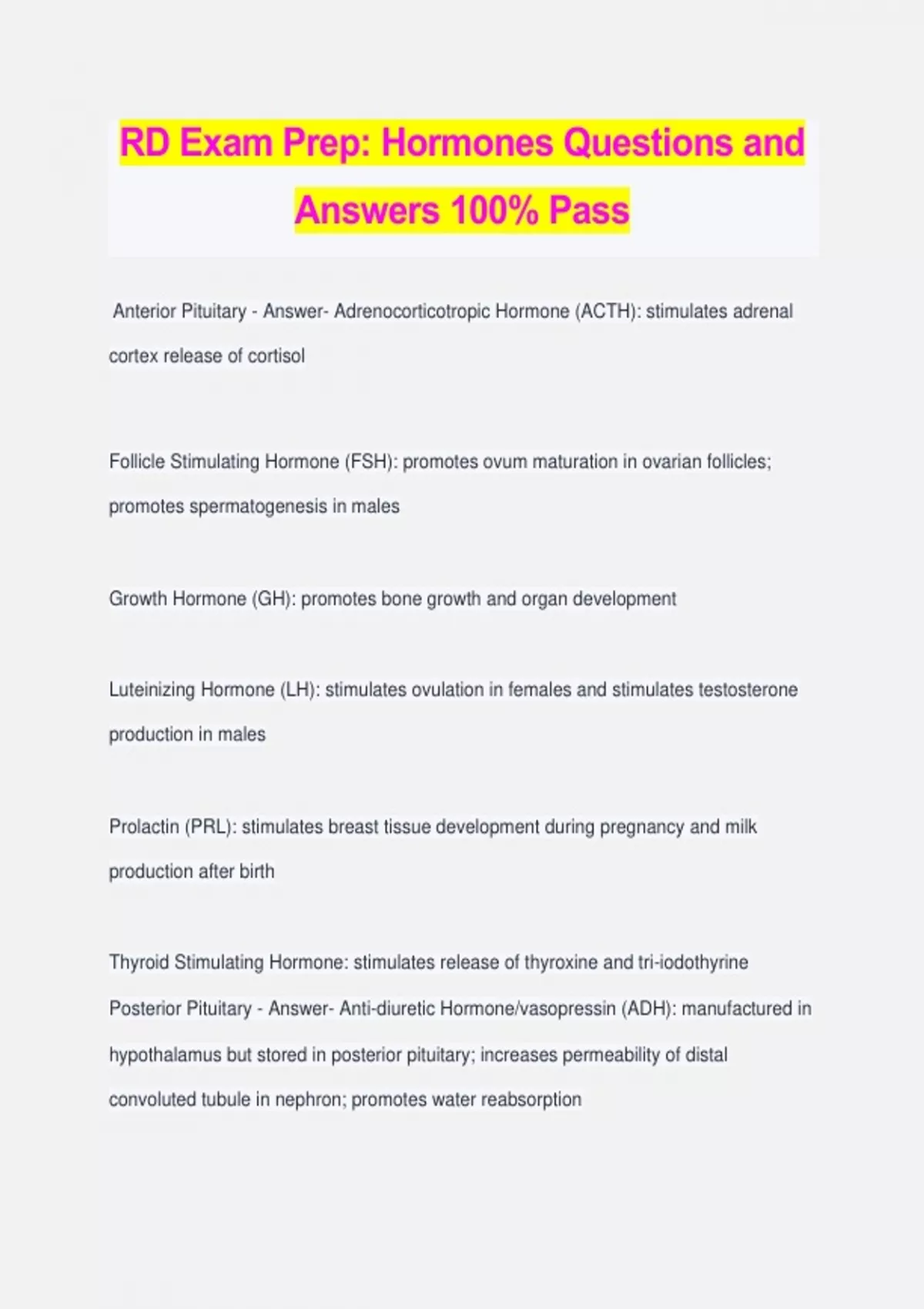 RD Exam Prep: Hormones Questions and Answers 100% Pass - CDR RD - Stuvia US