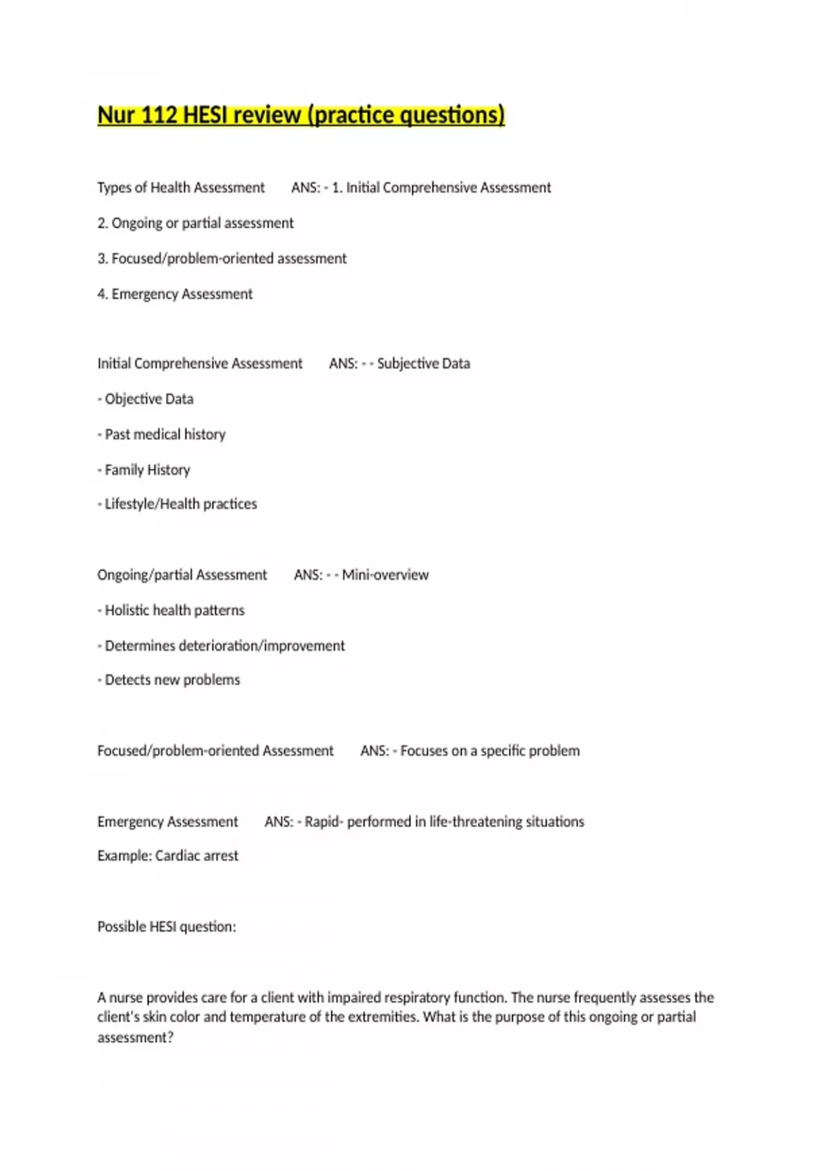 Nur 112 HESI review (practice questions) With Correct Solutions ...