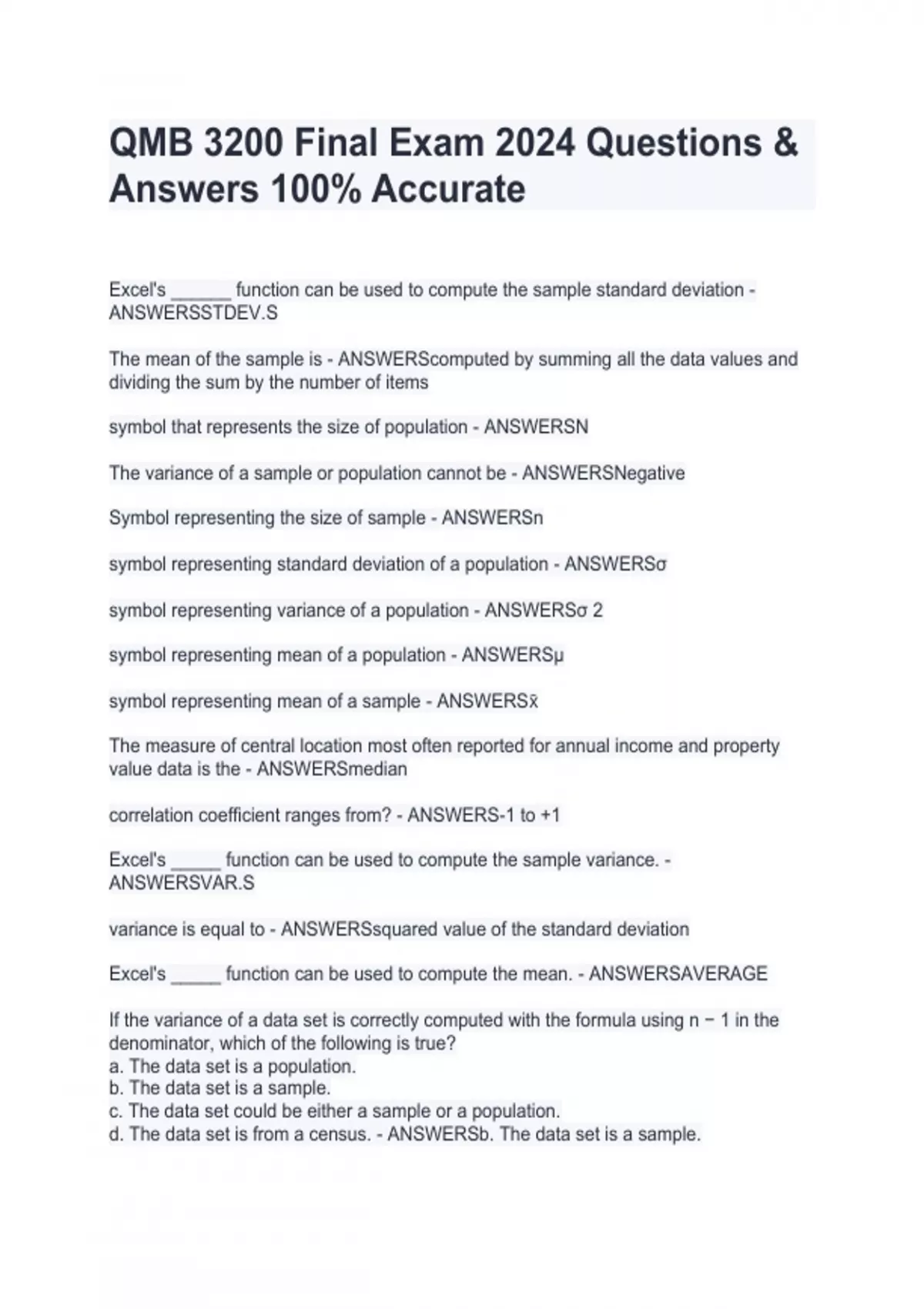 QMB 3200 Final Exam 2024 Questions & Answers 100% Accurate - QMB 3200 - Stuvia US