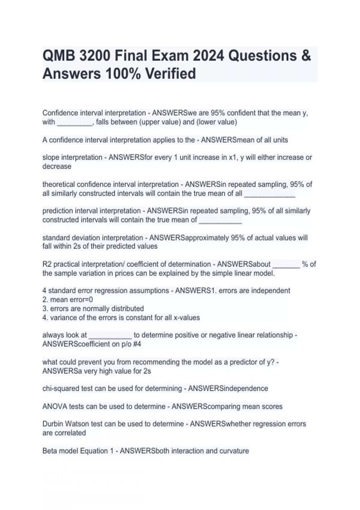 QMB 3200 Final Exam 2024 Questions & Answers 100% Verified - QMB 3200 - Stuvia US