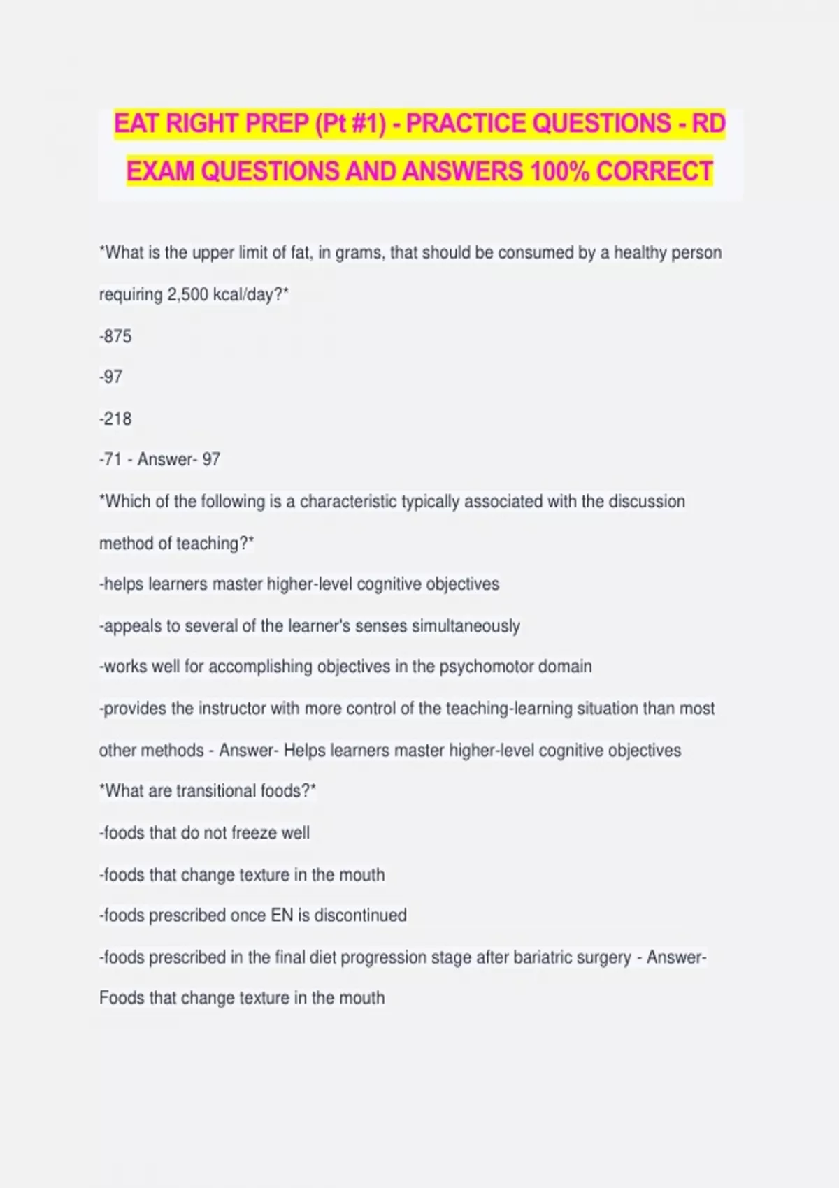 EAT RIGHT PREP (Pt #1) - PRACTICE QUESTIONS - RD EXAM QUESTIONS AND ...