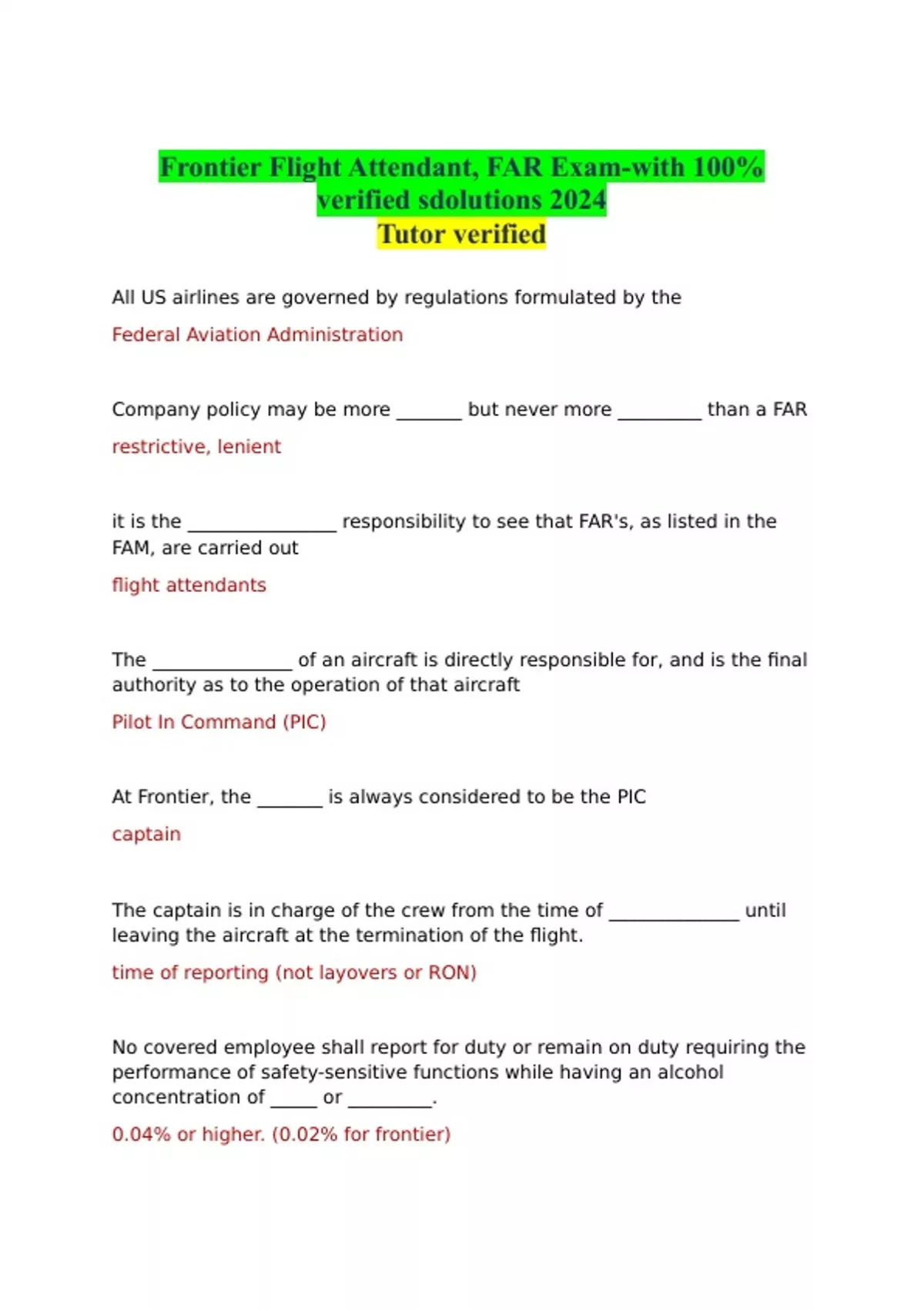 Frontier Flight Attendant, FAR Exam-with 100% verified solutions 2024 ...