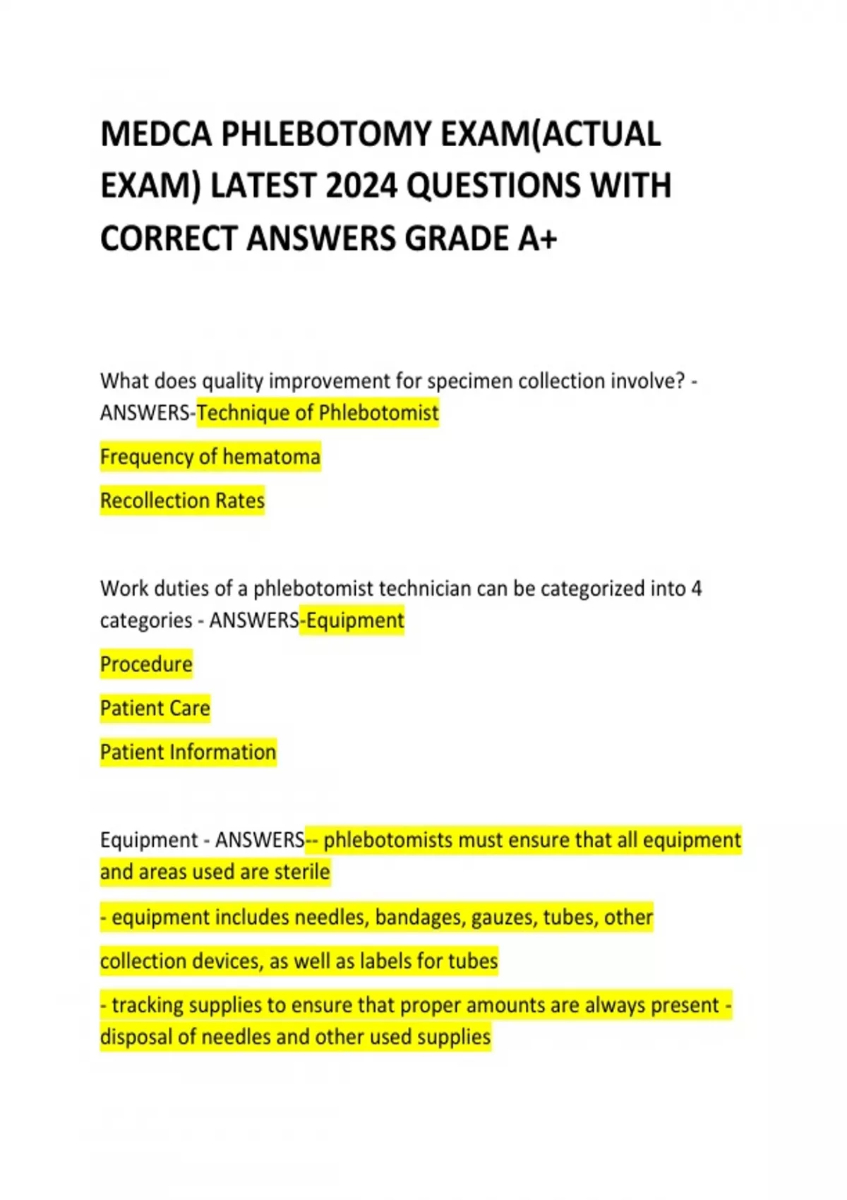 MEDCA PHLEBOTOMY EXAM(ACTUAL EXAM) LATEST 2024 QUESTIONS WITH CORRECT ...