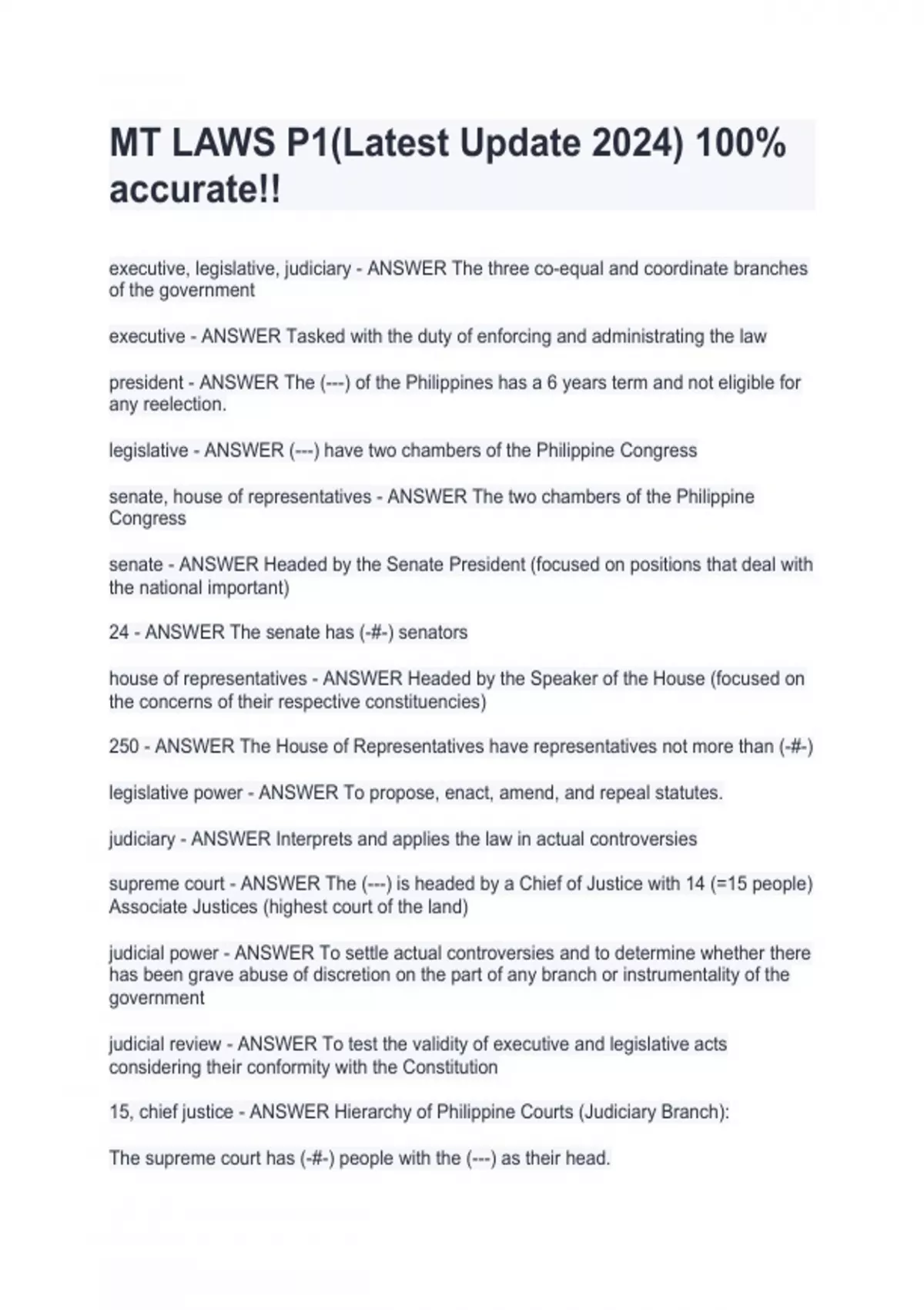 MT LAWS P1(Latest Update 2024) 100% accurate!! - MT LAWS P1 - Stuvia US