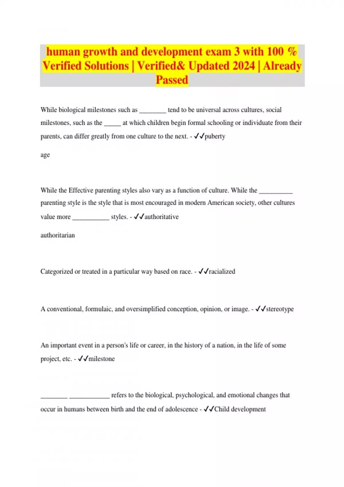 human growth and development exam 3 with 100 % Verified Solutions ...