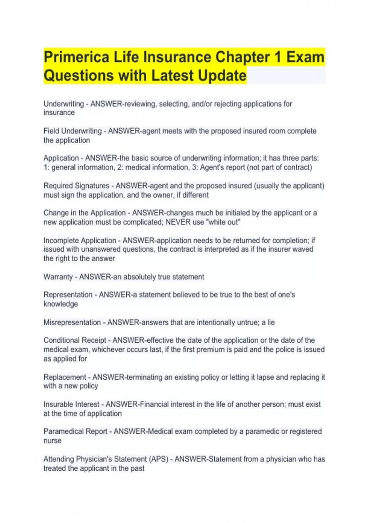 Primerica Life Insurance Chapter 1 Exam Questions with Latest Update ...