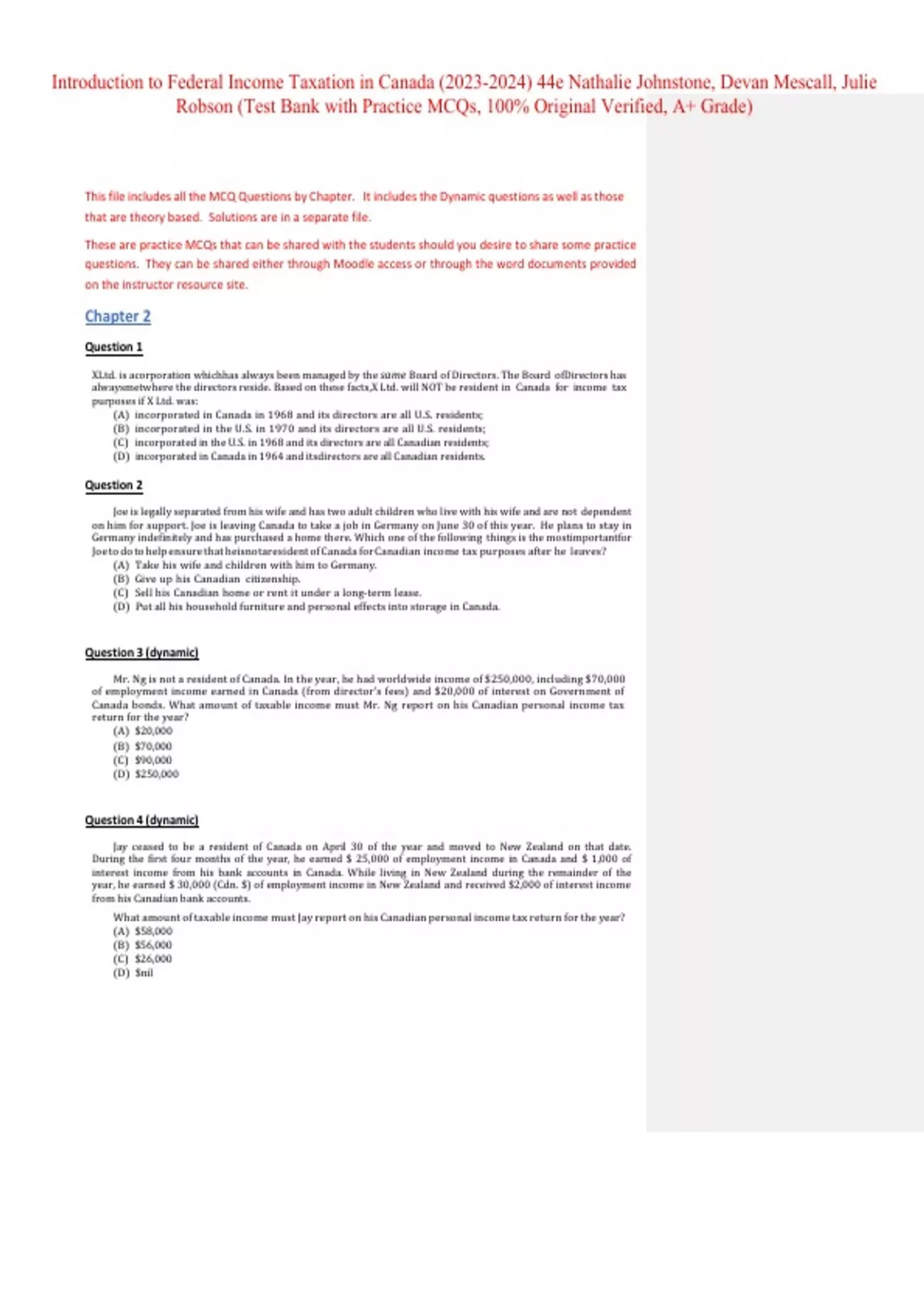 Test Bank for Introduction to Federal Income Taxation in Canada 44th ...