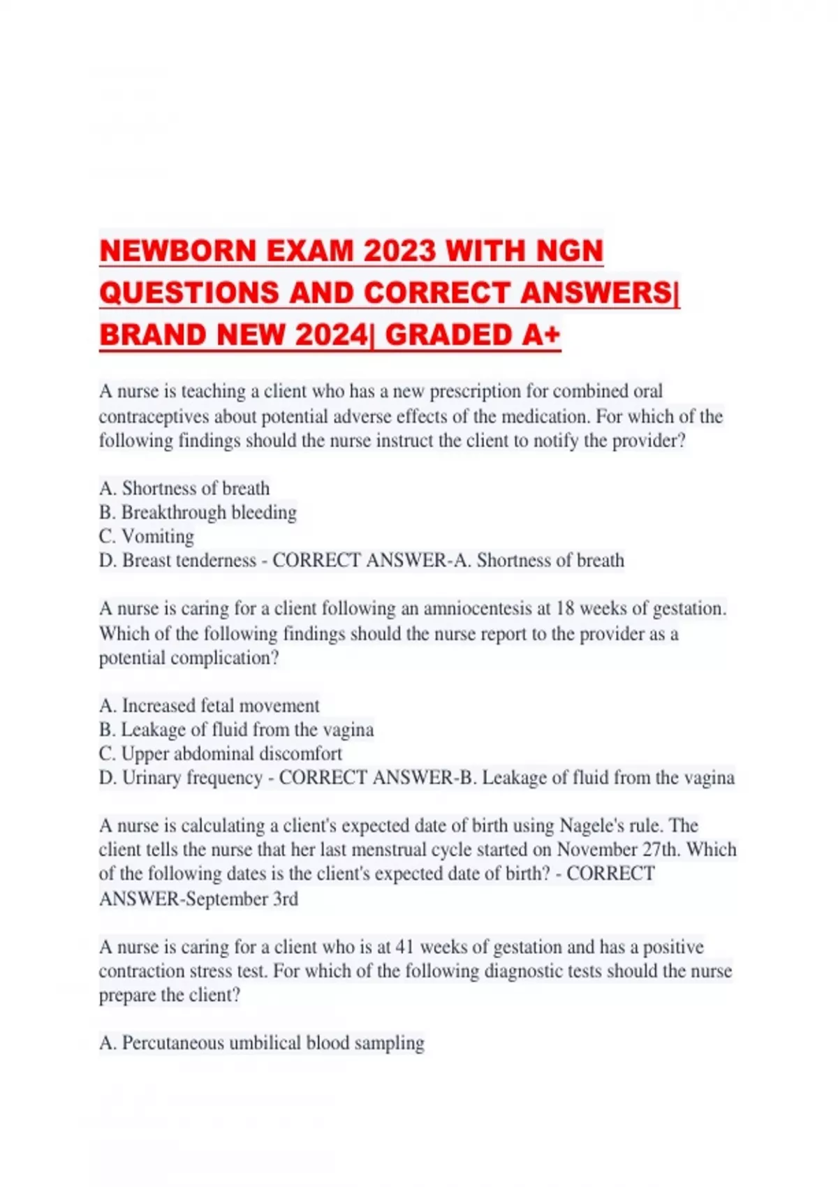 NEWBORN EXAM 2023 WITH NGN QUESTIONS AND CORRECT ANSWERS| BRAND NEW ...
