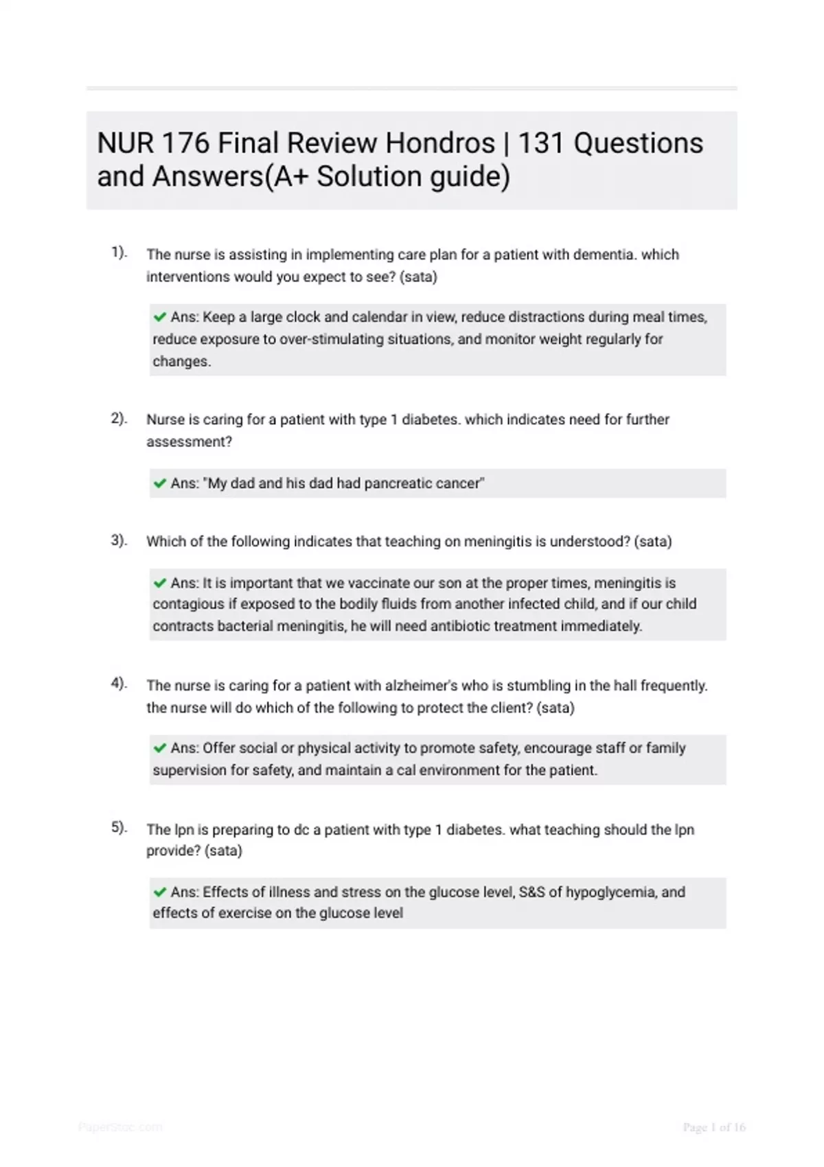 NUR 176 Final Review Hondros 131 Questions and AnswersA Solution guide ...