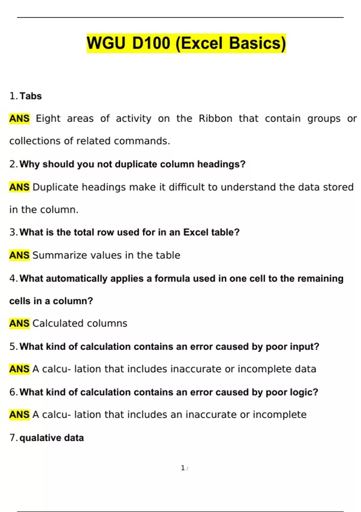 WGU D100 (Excel Basics) Latest Update Complete - WGU D100 - Stuvia US