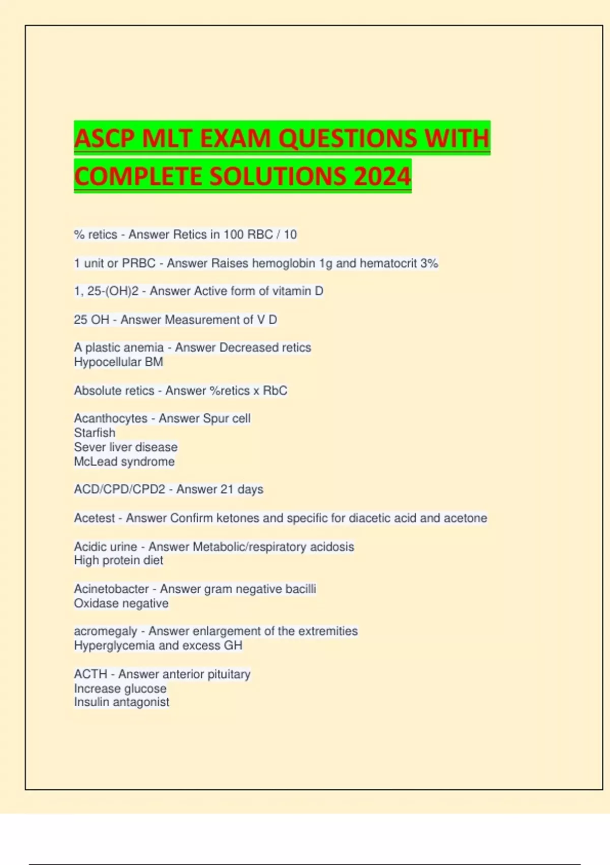 ASCP HEMATOLOGY EXAM Questions and Answers 100% Correct Latest Update ...