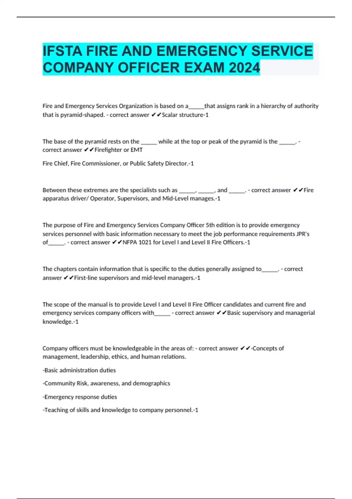 IFSTA FIRE AND EMERGENCY SERVICE COMPANY OFFICER EXAM 2024 - IFSTA FIRE ...