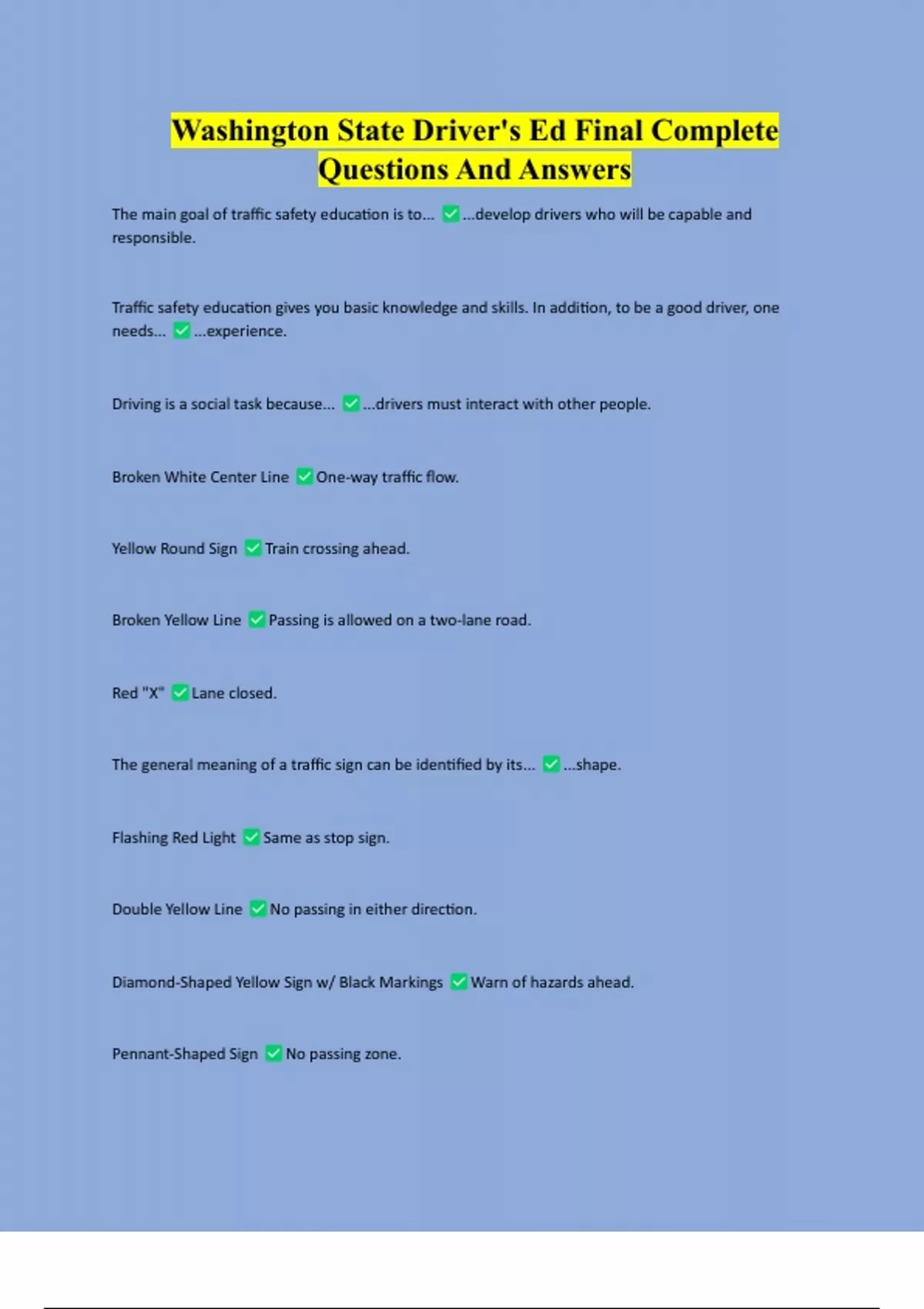 Washington State Driver's Ed Final Complete Questions And Answers ...