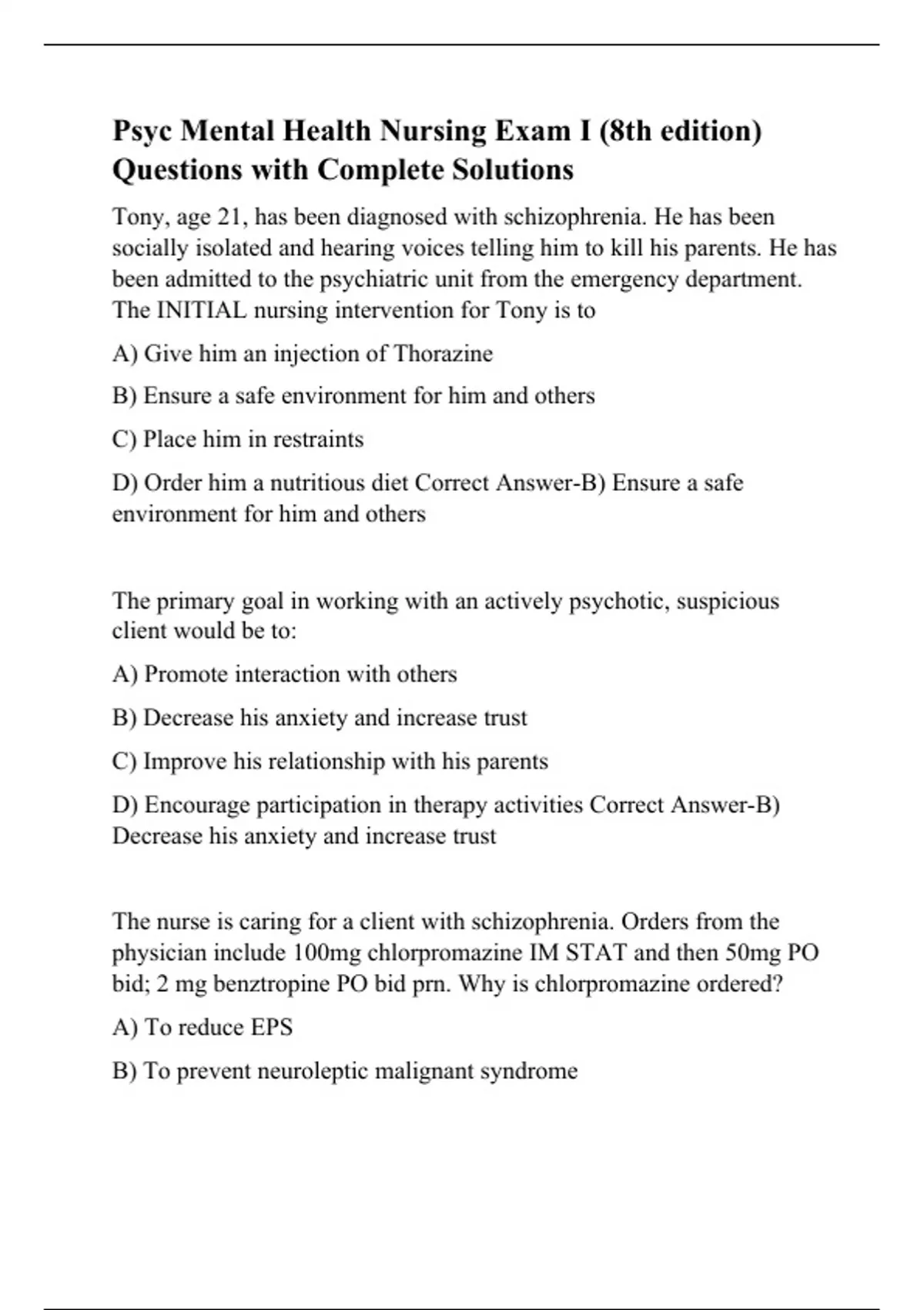 Psyc Mental Health Nursing Exam I (8th edition) Questions with Complete ...