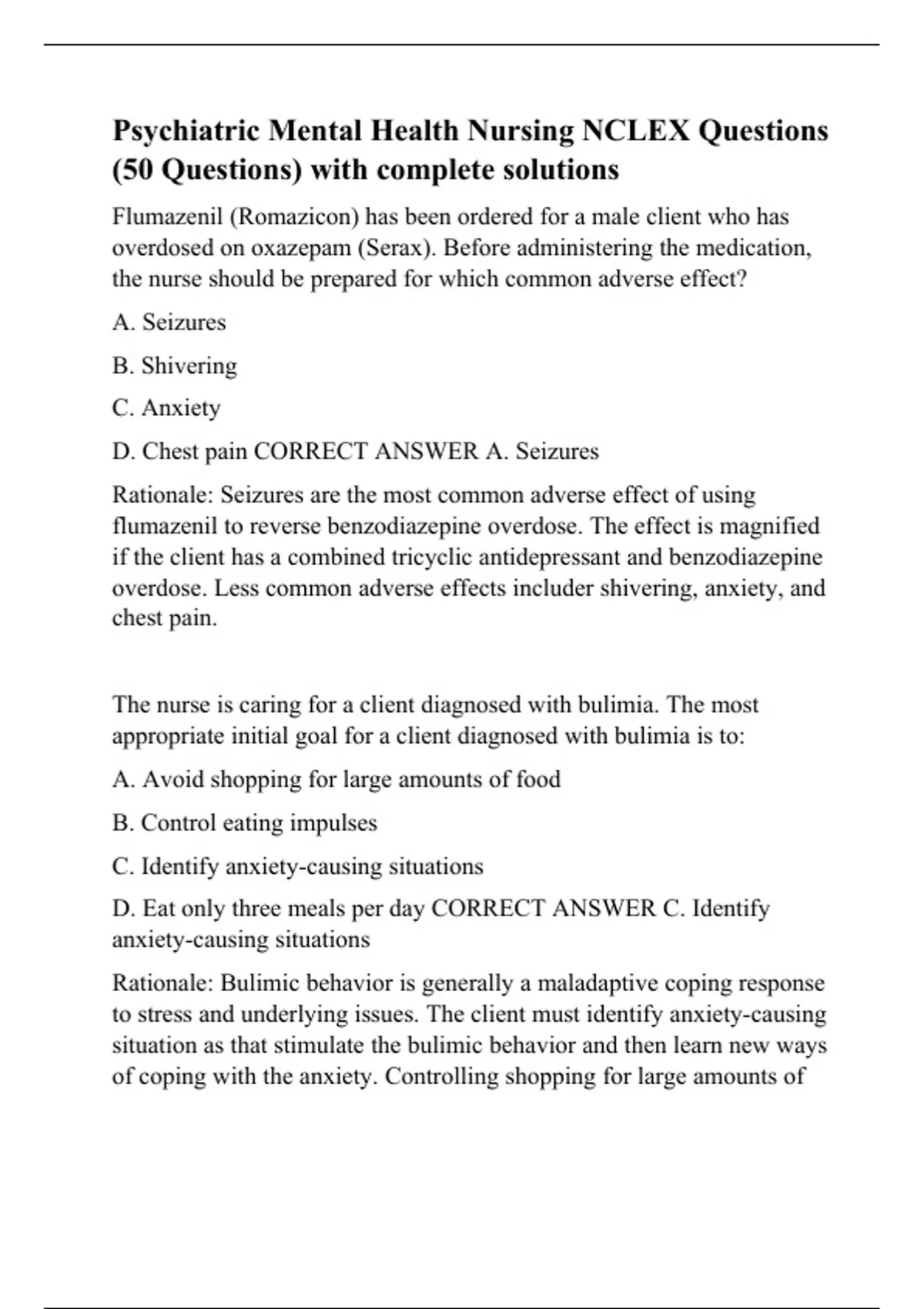 Psychiatric Mental Health Nursing NCLEX Questions (50 Questions) with ...