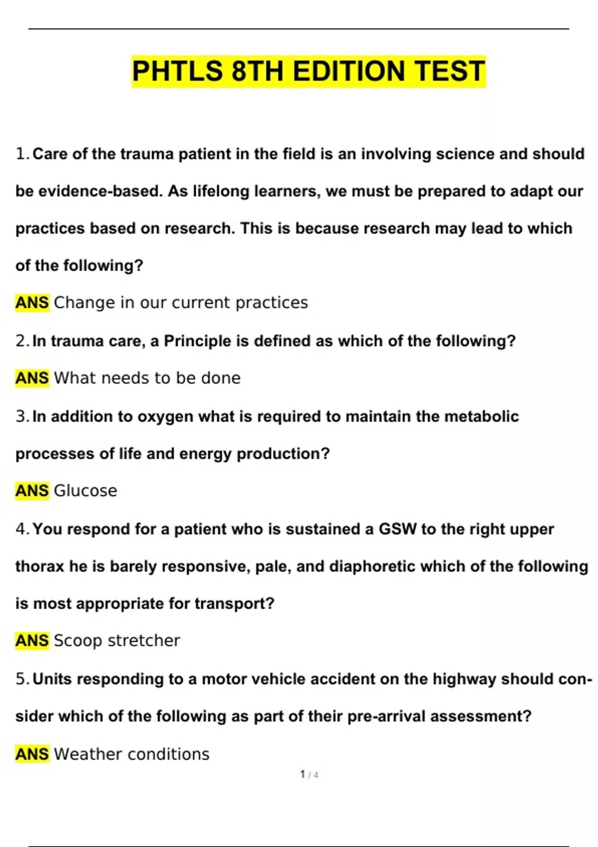 PHTLS 8th Edition 9th Edition 10th Edition 100% VERIFIED ANSWERS 2024/ ...