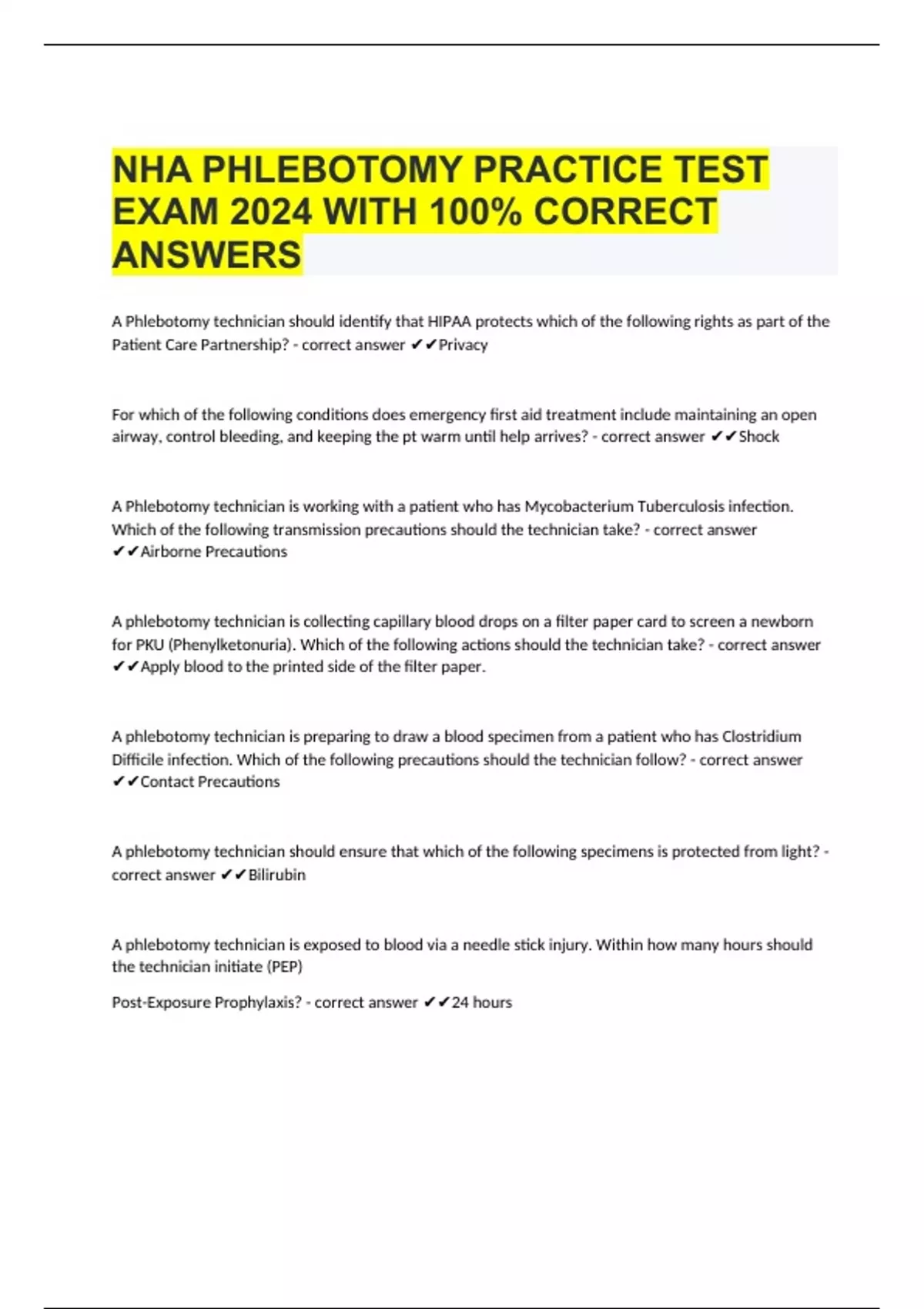 NHA PHLEBOTOMY PRACTICE TEST EXAM 2024 WITH 100% CORRECT ANSWERS - NHA ...