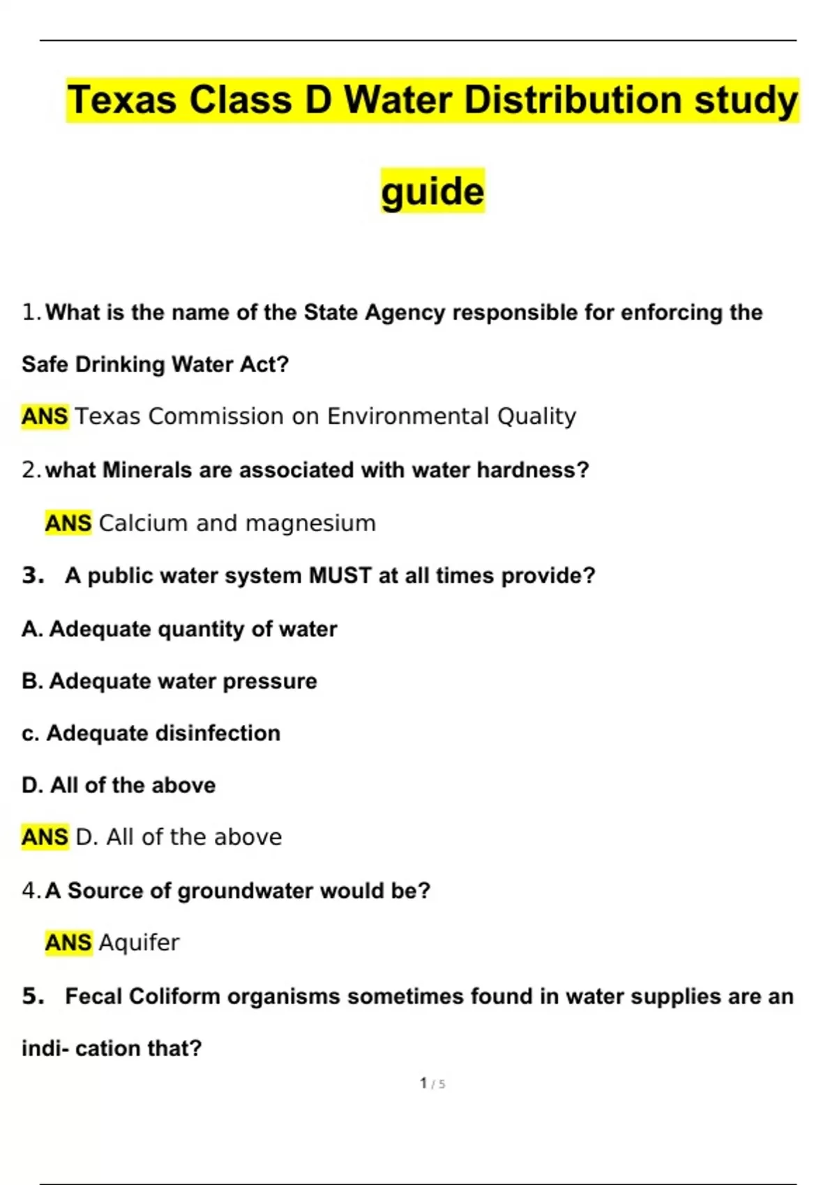 Texas Class D Water Distribution study guide Updated Questions and ...