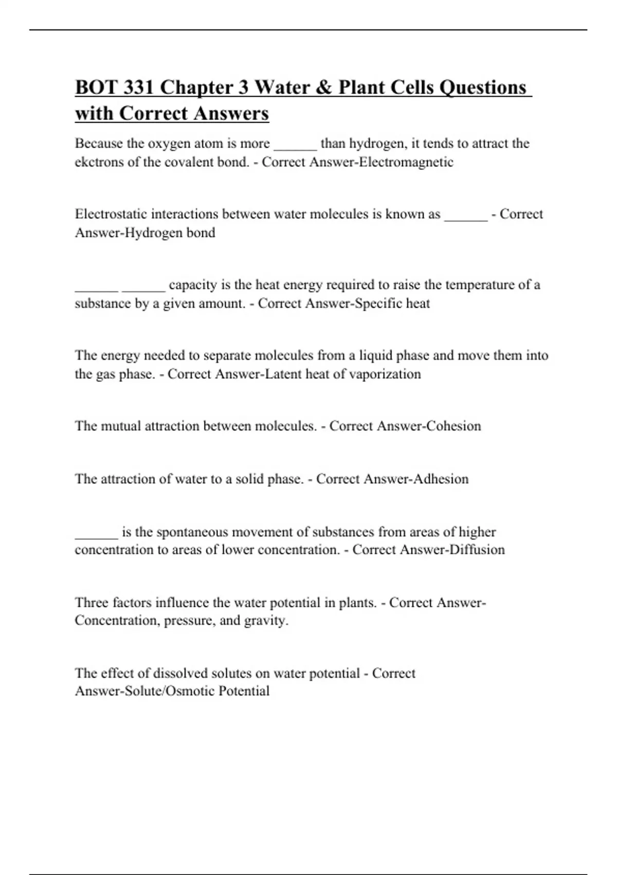 BOT 331 Chapter 3 Water & Plant Cells Questions with Correct Answers ...