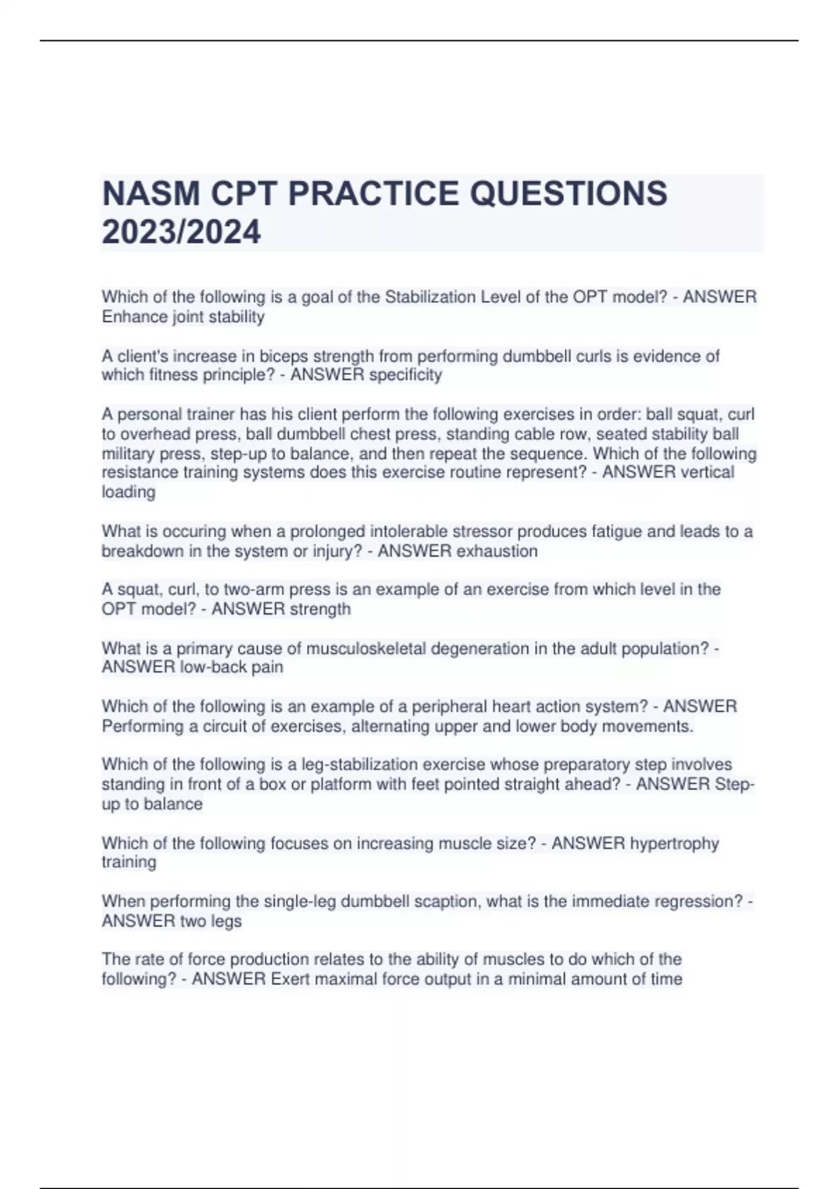NASM CPT PRACTICE QUESTIONS 2023/2024 - NASM - Stuvia US
