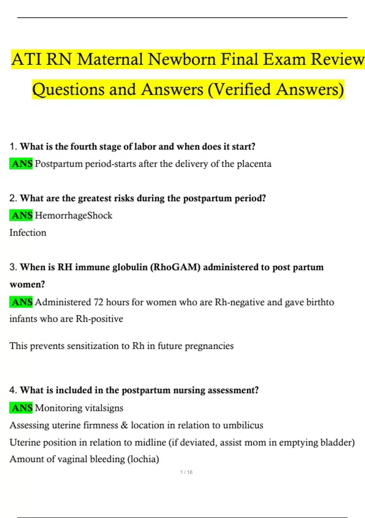 ATI RN Maternal Newborn Final Exam Review Questions and Answers (2025 / ...